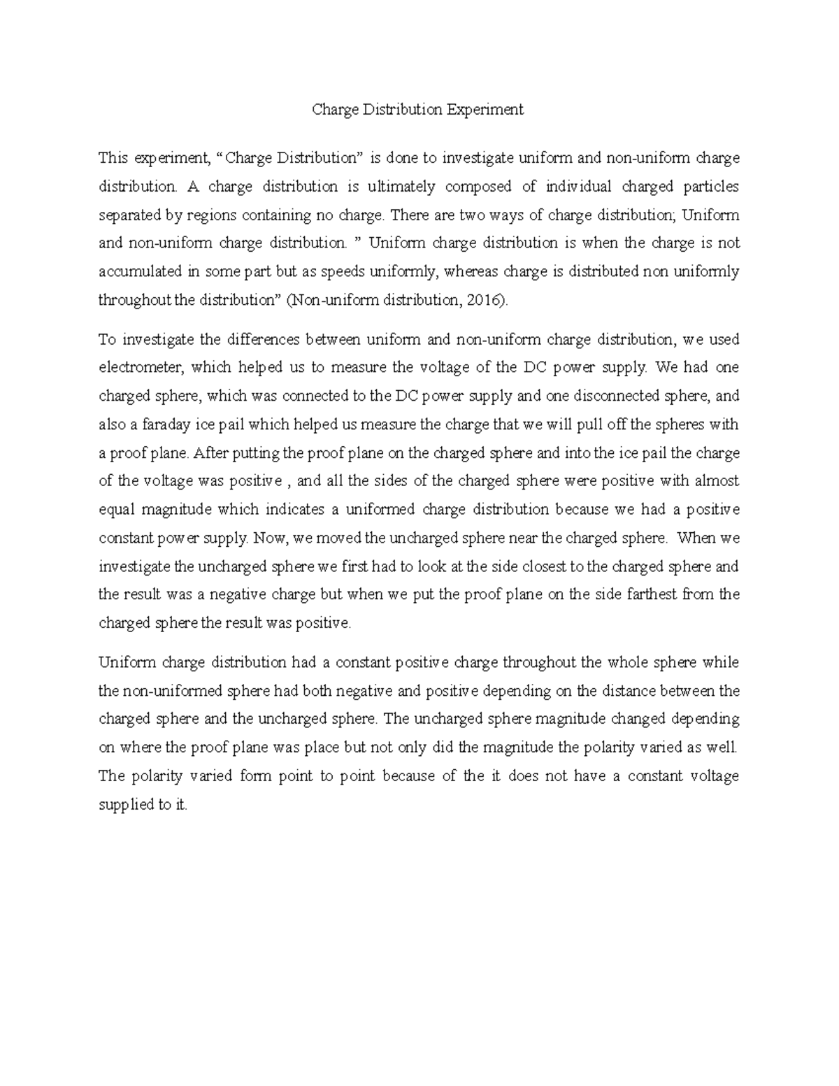Physics lab - Charge Distribution Experiment This experiment, “Charge ...