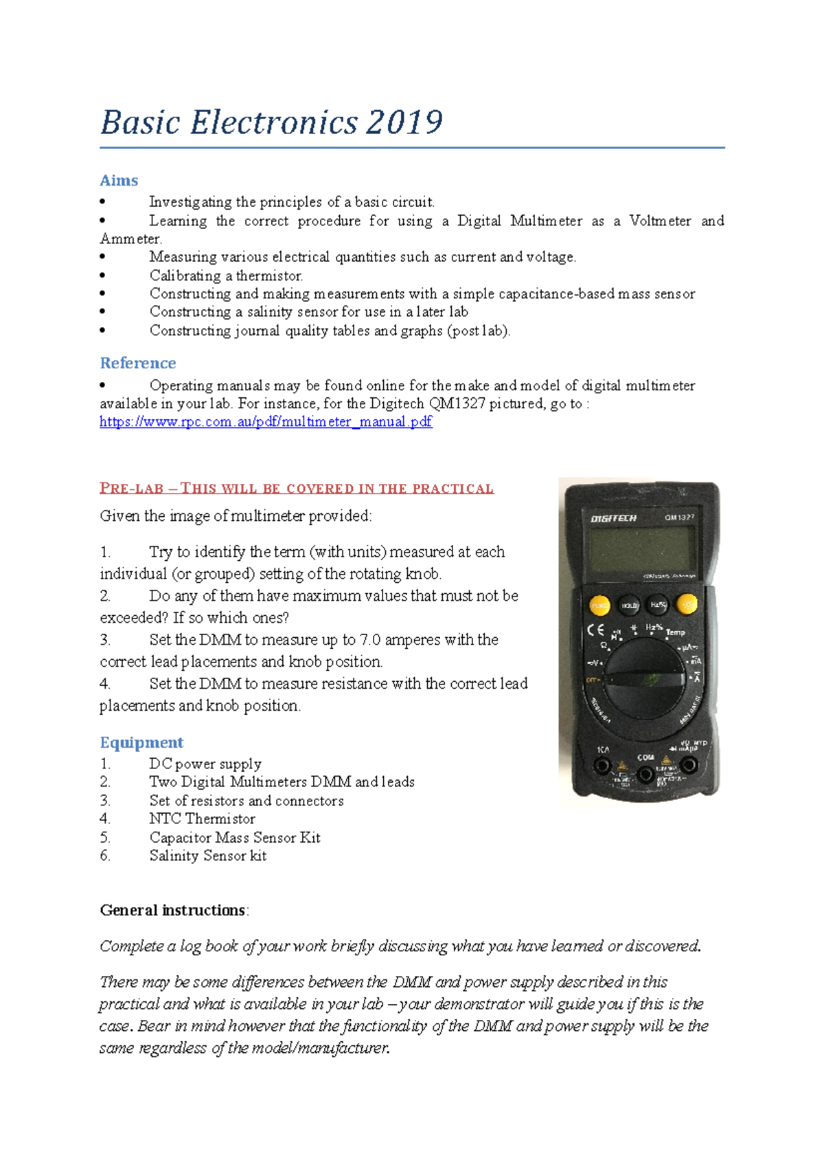 SC3010 Prac 1 2019 V3 - Basic Electronics 2019 Aims Investigating the principles of a basic ...