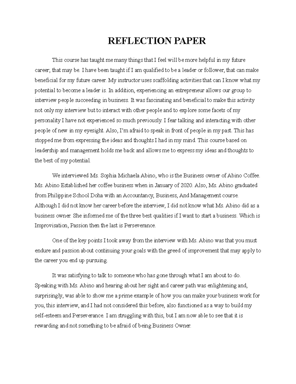 Reflection Paper for leadership - Ethics - UE - Studocu