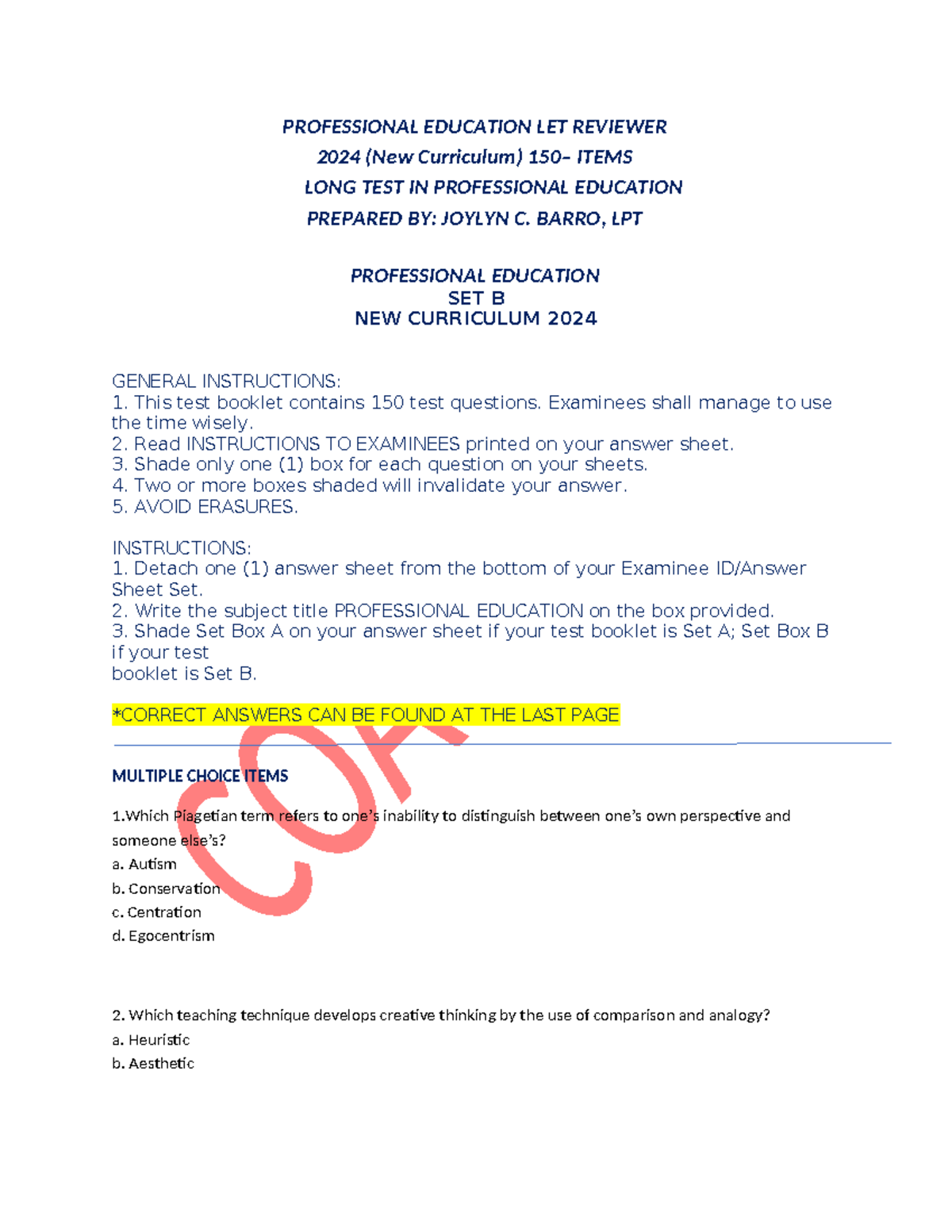 2024 LT IN PROF - LET REVIEWER PROF ED - PROFESSIONAL EDUCATION LET ...