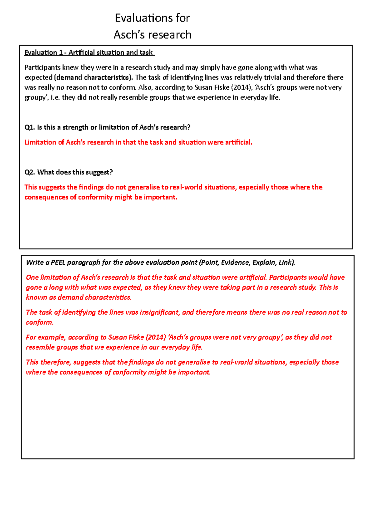 Answers Evaluations for Asch - Write a PEEL paragraph for the above ...