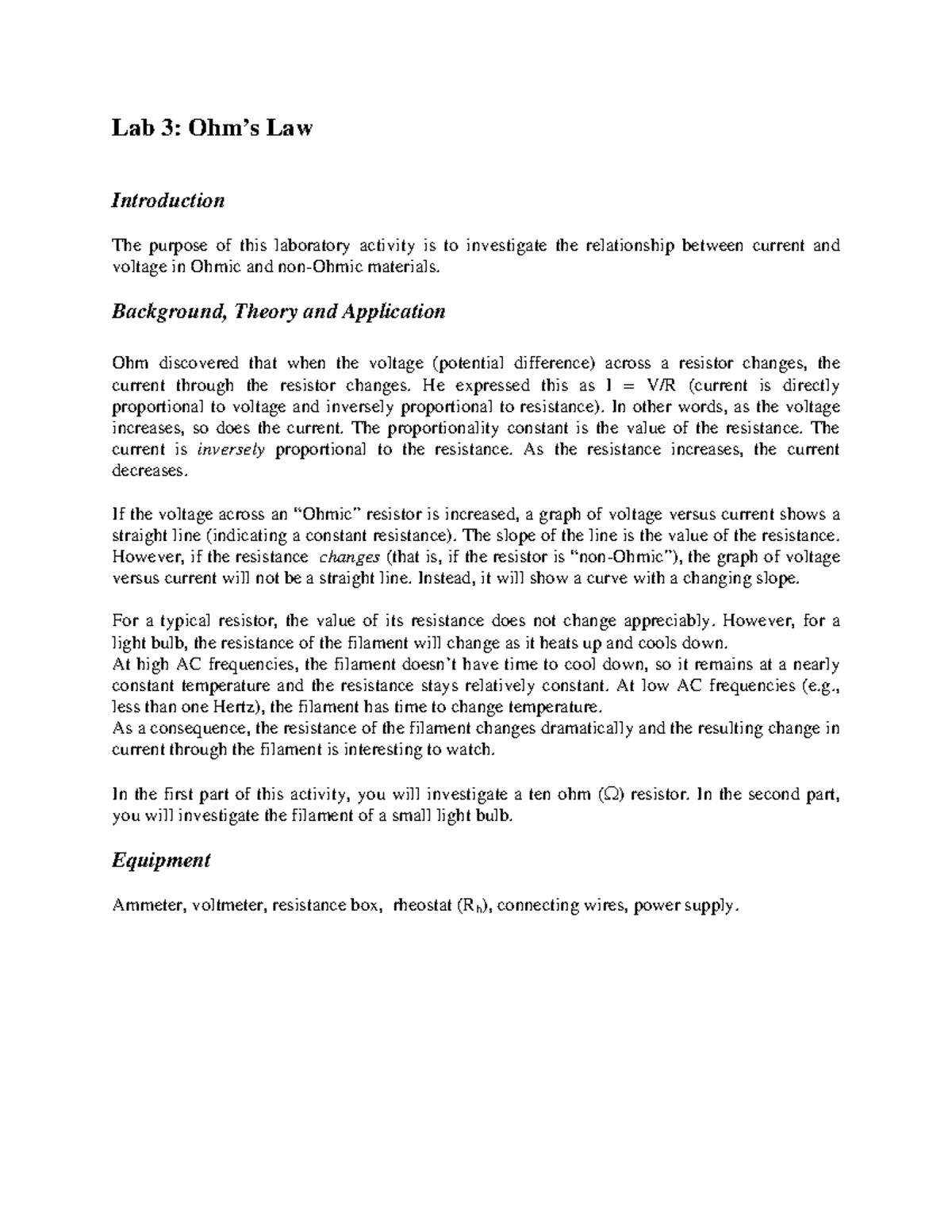 Lab 3 Ohm's Law - instructions - Lab 3: Ohm’s Law Introduction The ...