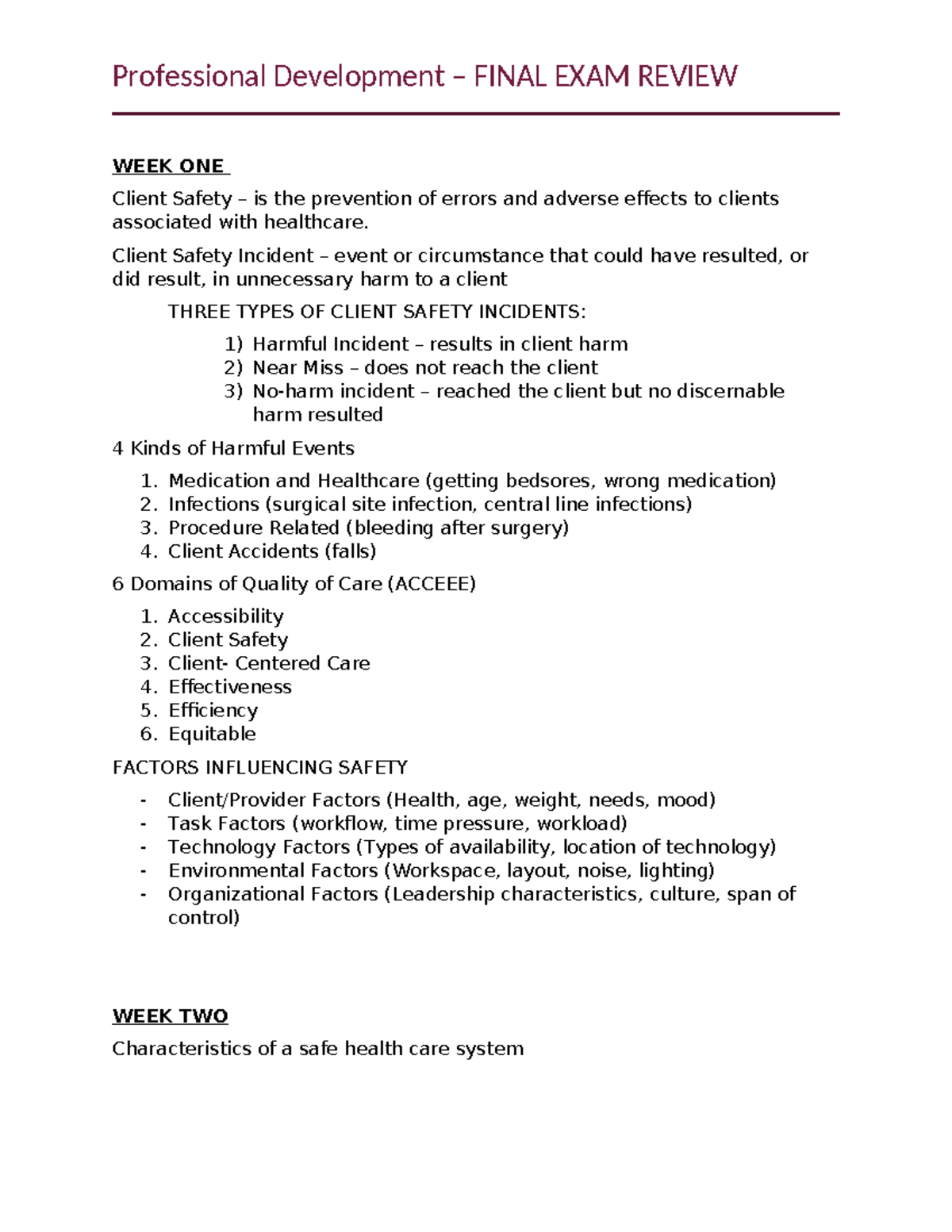 Professional Development - Final Exam Review - Professional Development – FINAL EXAM REVIEW WEEK ...