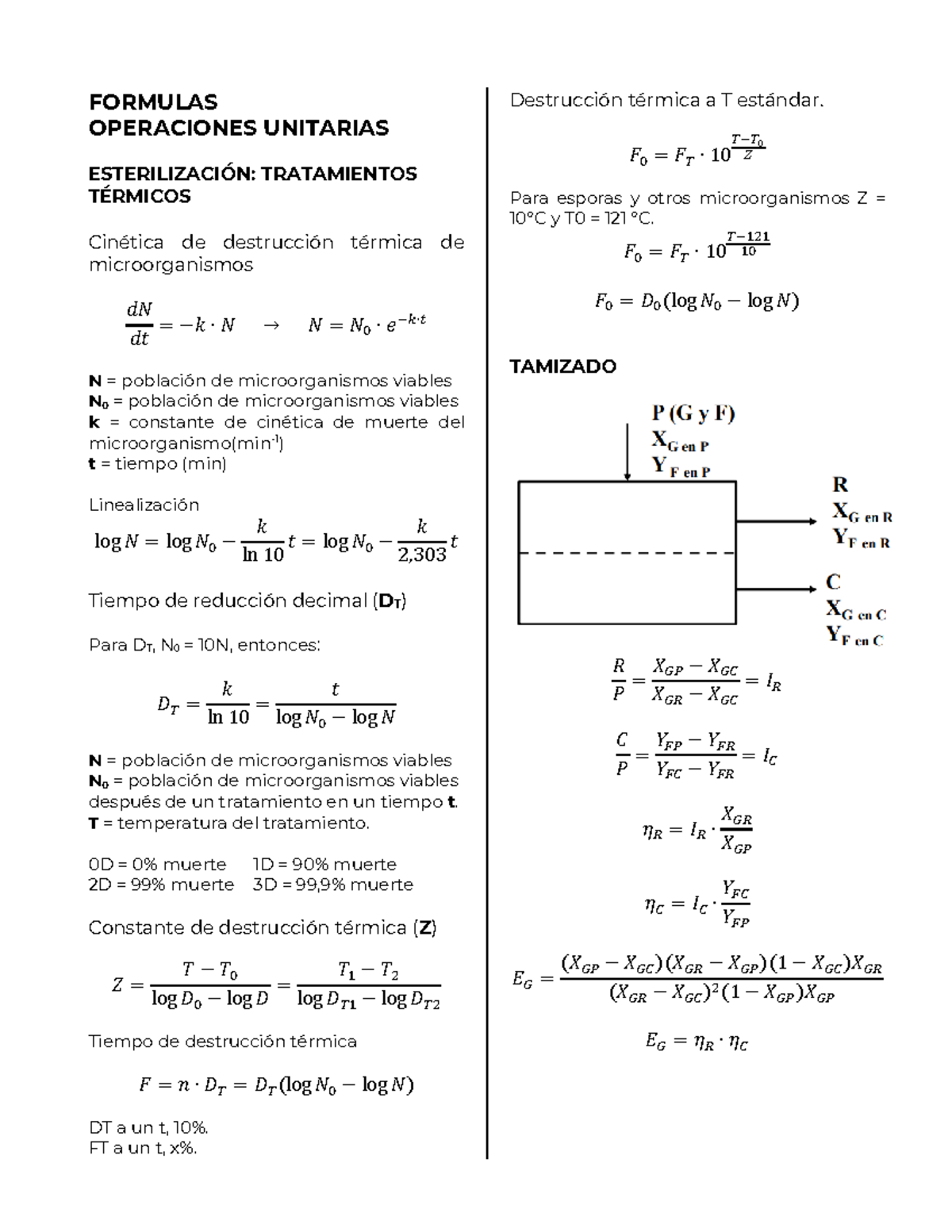 Formulas Operaciones Unitarias - FORMULAS OPERACIONES UNITARIAS ...