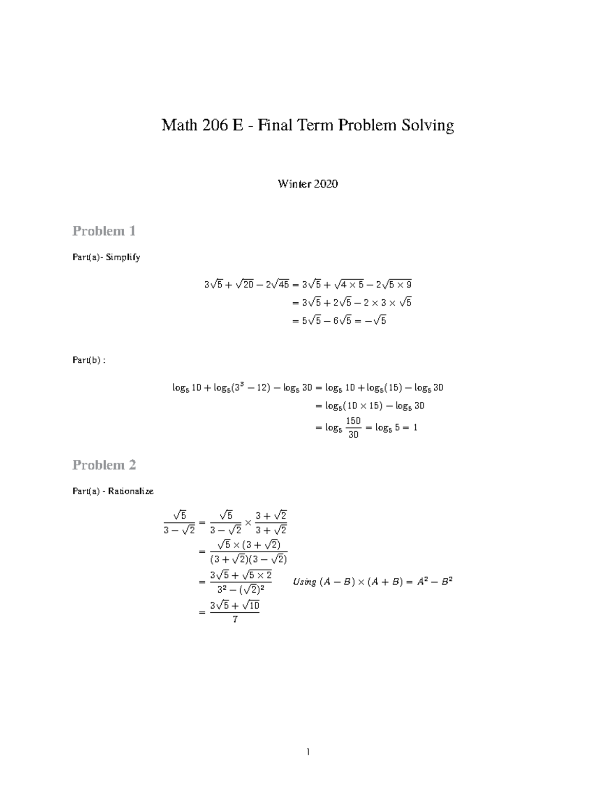 Exam, answers - Math 206 E - Final Term Problem Solving Winter 2020 ...
