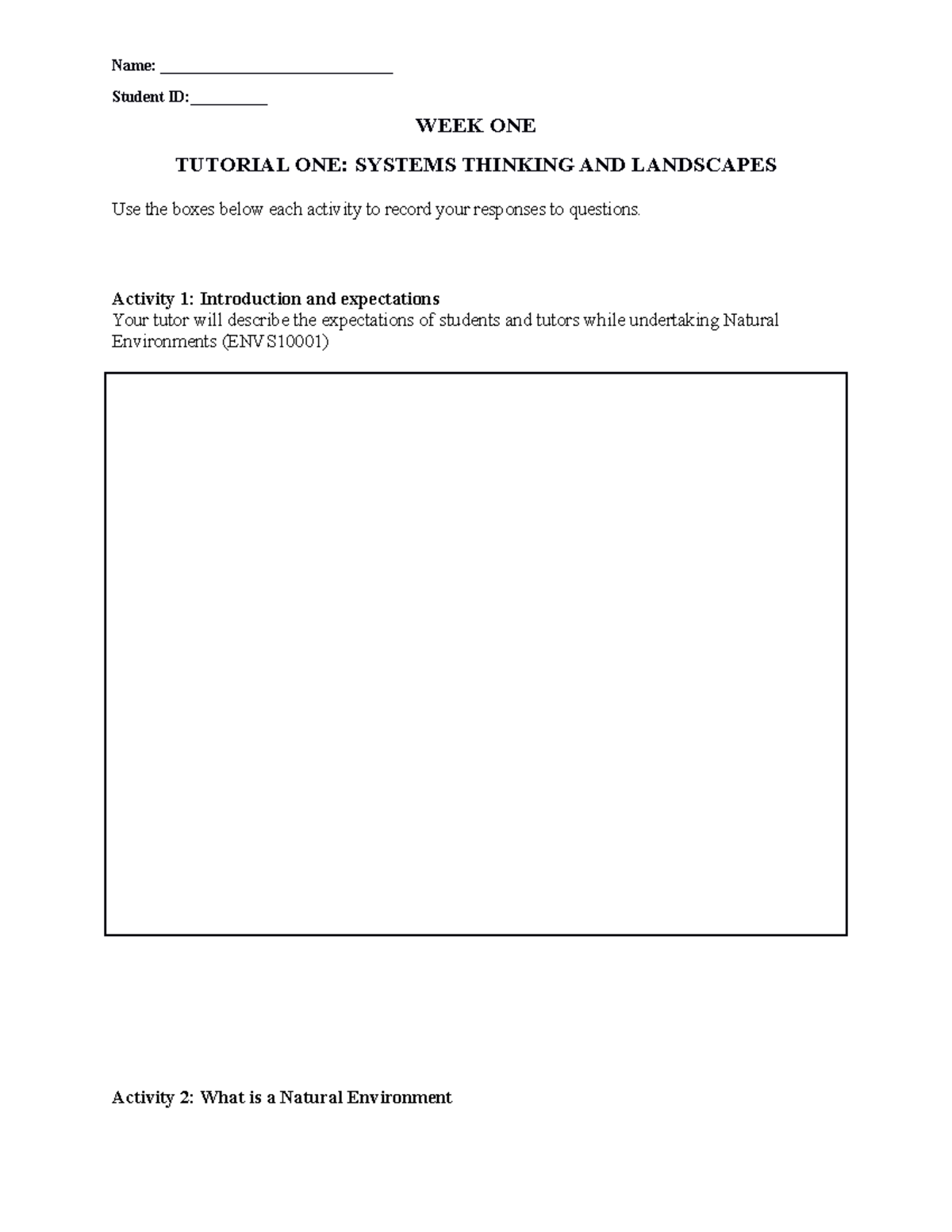 ENVS10001 workbook w1 2023 - Name: ______________________________ Student ID:__________ WEEK ONE ...