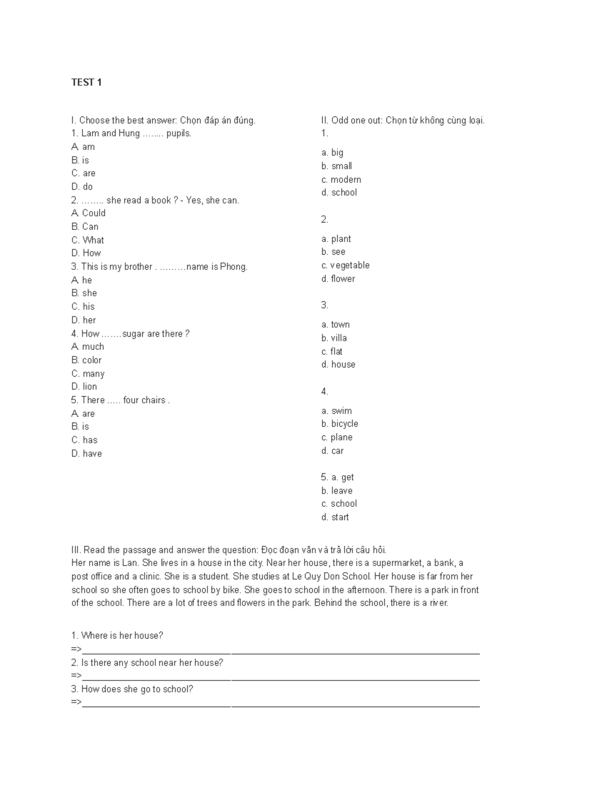 TEST 1 - Helpful - TEST 1 I. Choose the best answer: Chọn đáp án đúng ...