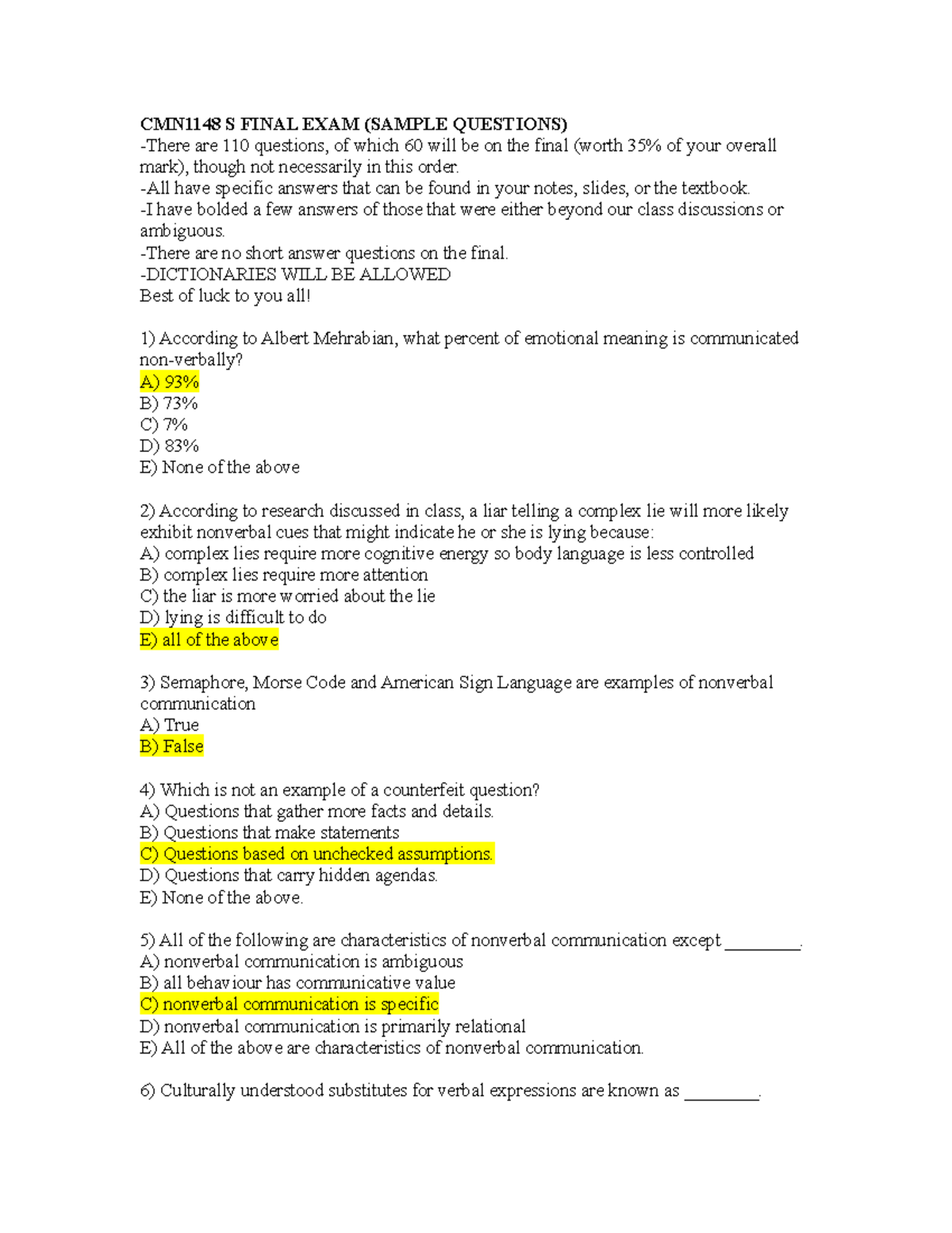 CMN1148 Final Exam Sample - CMN1148 S FINAL EXAM (SAMPLE QUESTIONS ...