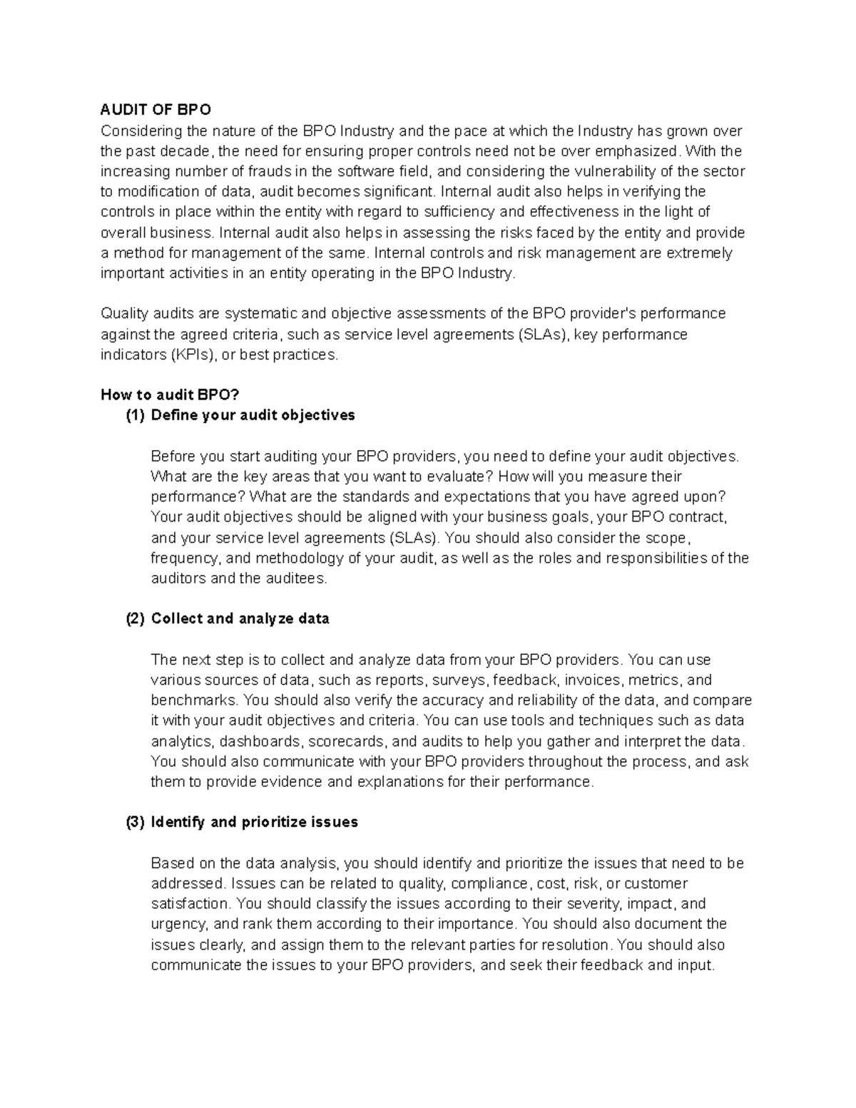 Specialized Industry - AUDIT OF BPO Considering the nature of the BPO ...