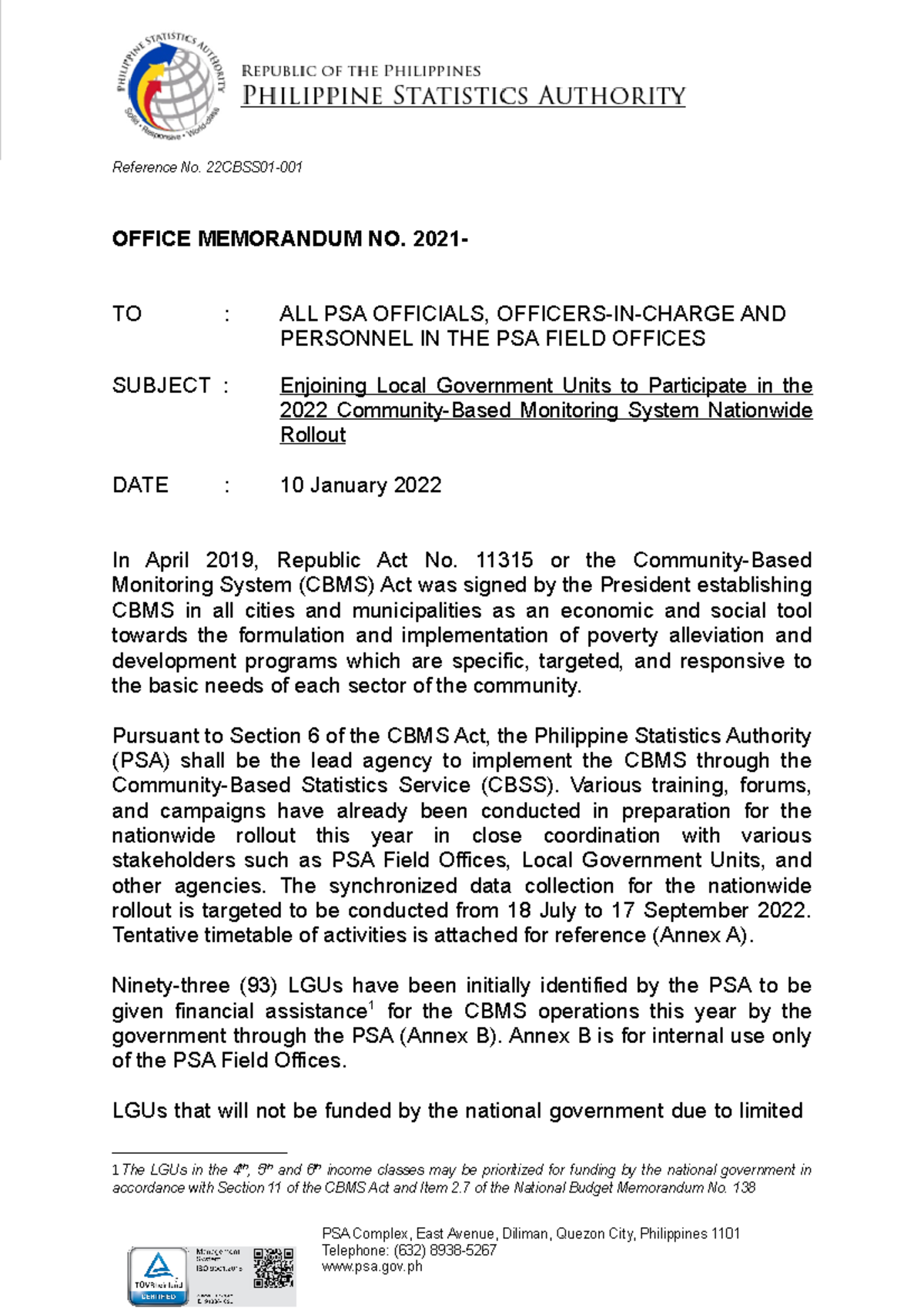 1. Office Memo Enjoining LGUs to Participate in the 2022 CBMS ...