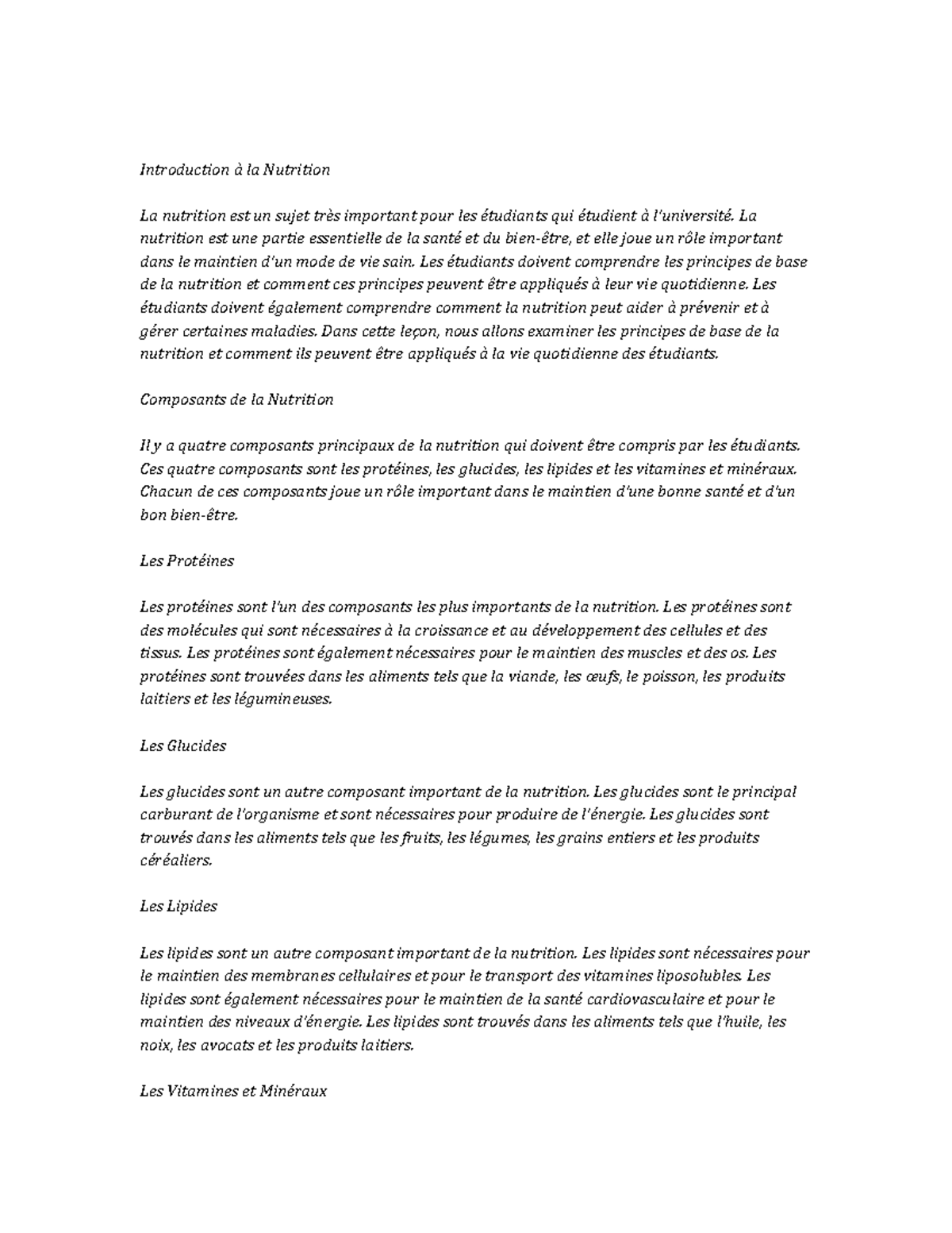 Nutrition Study Notes - Introduction à la Nutrition La nutrition est un ...