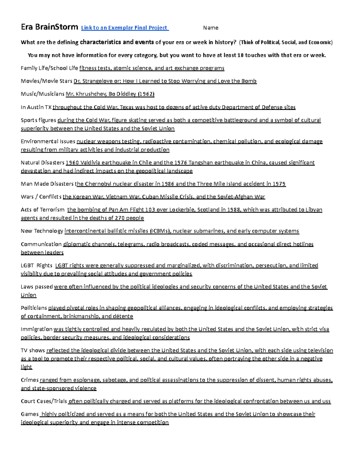 Playlist Brainstorming - Era BrainStorm Link to an Exemplar Final ...