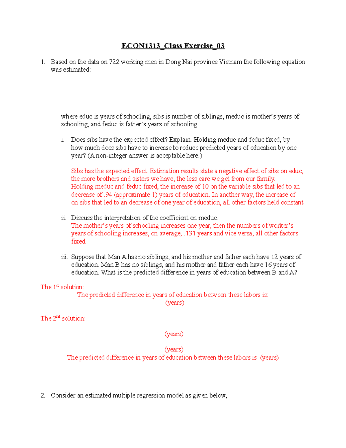 W3 Multiple Regression Analysis Estimation Exercise - ECON1313_Class Exercise_ Based on the data ...
