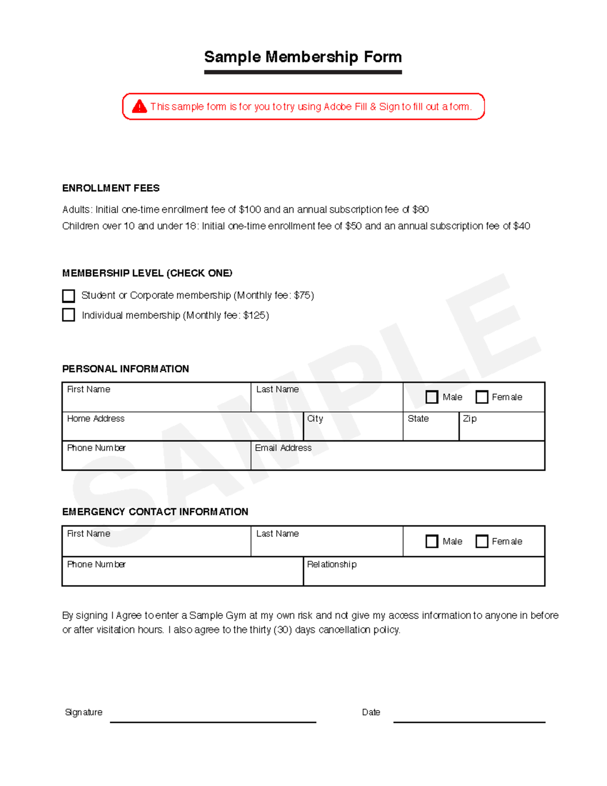 Sample Form - Sample Membership Form ENROLLMENT FEES Adults: Initial ...