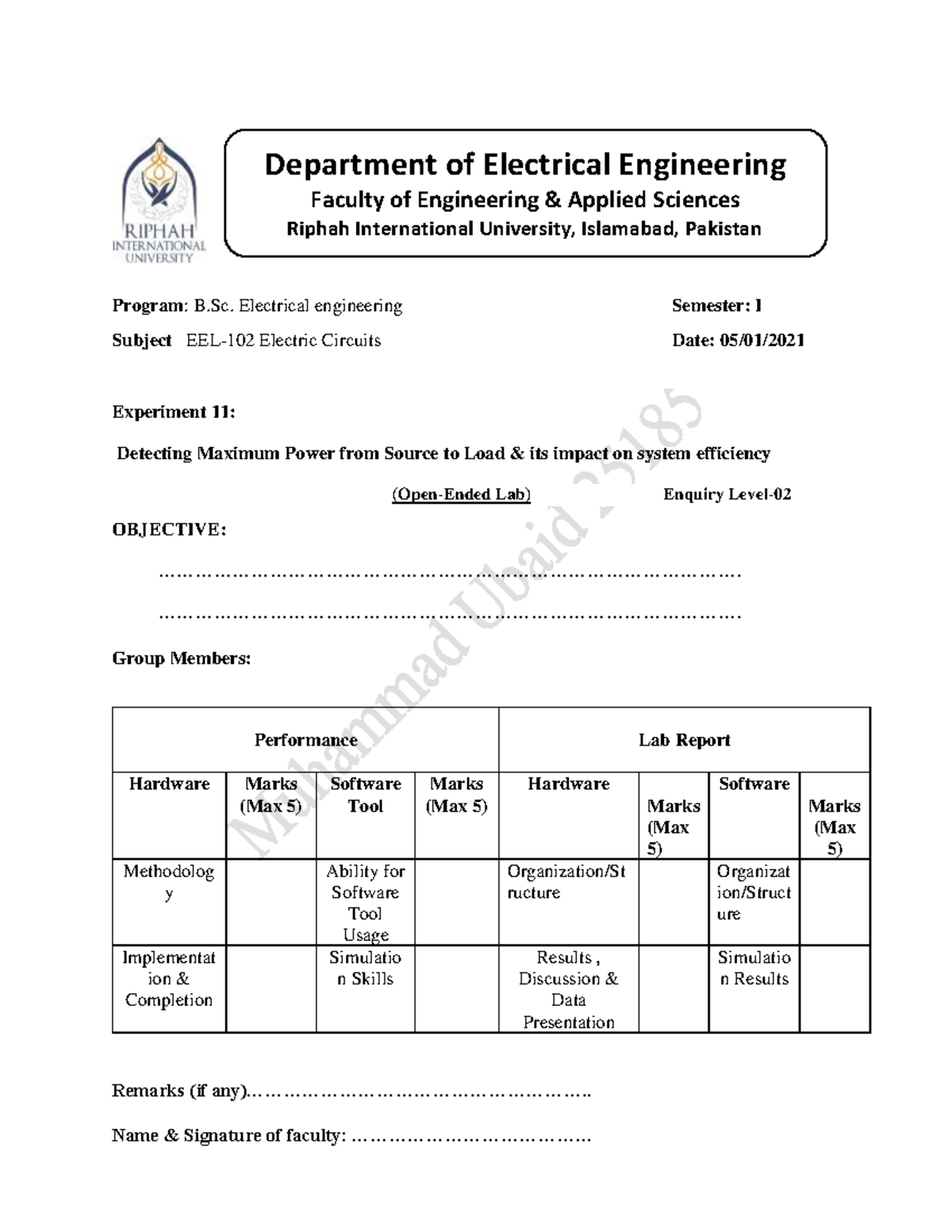 Electric Circuit Lab EEL-102 Report 11 - Program : B. Electrical ...