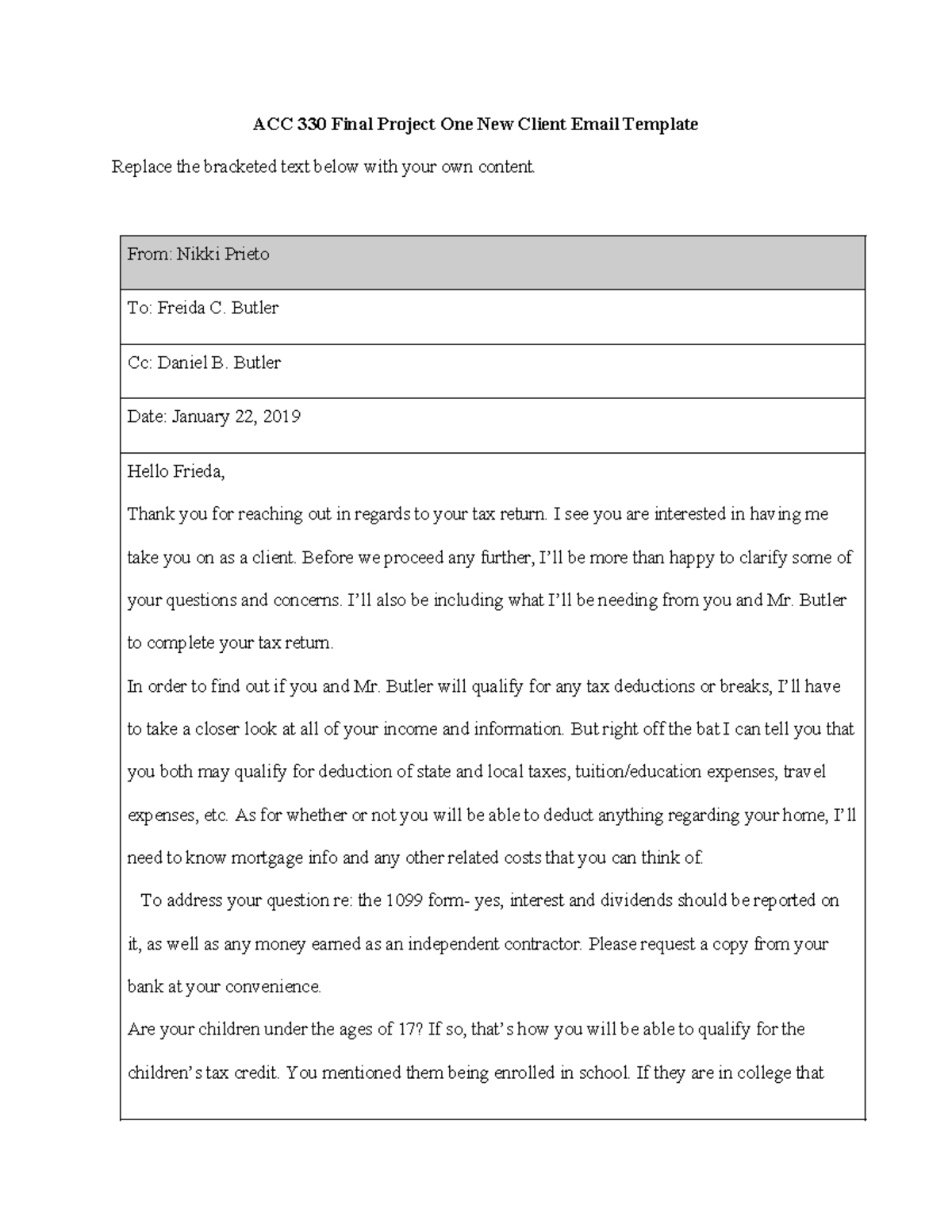 ACC 330 Final Project One New Client Email Template - From: Nikki ...