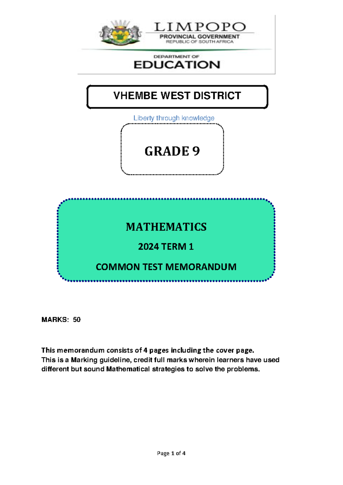 2024 Term 1 Gr 9 Math Common Test Memo - MATHEMATICS 2024 TERM 1 COMMON ...