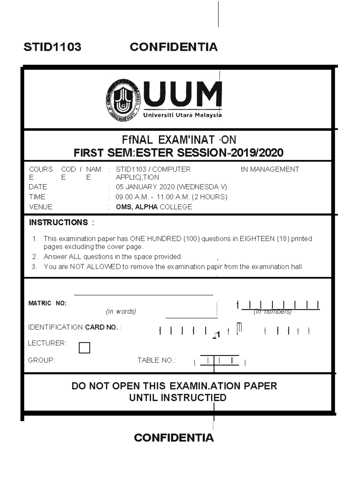 computer application in management - STID1103 CONFIDENTIA FfNAL EXAM ...
