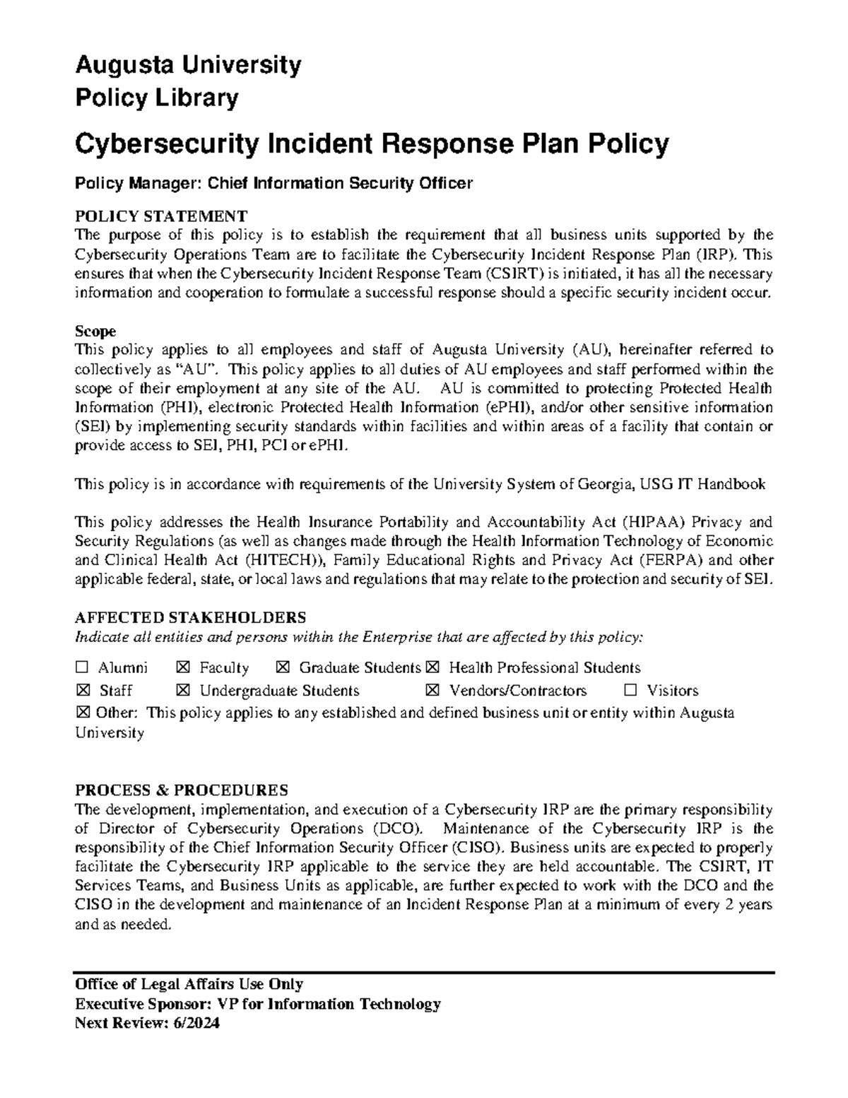 Cyber security incident response - Augusta University Policy Library ...