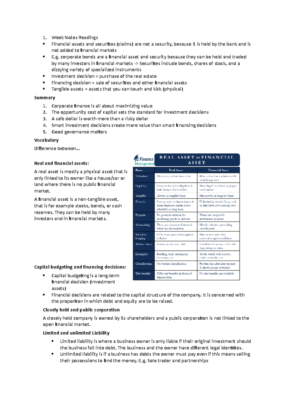 1 Week Notes Readings - 1. Week Notes Readings Financial assets and ...
