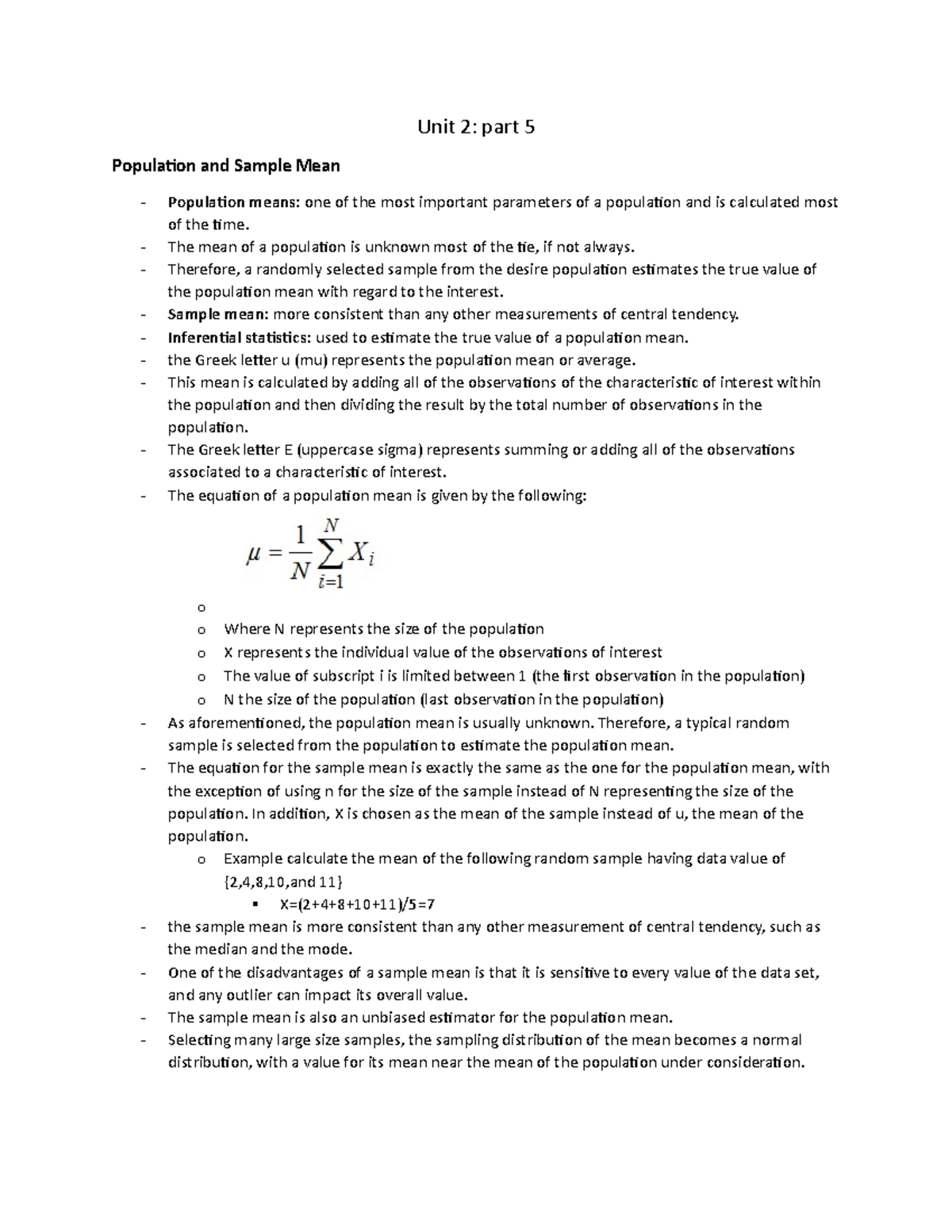 Busn311 unit 2 part 5 notes - Unit 2: part 5 Population and Sample Mean ...