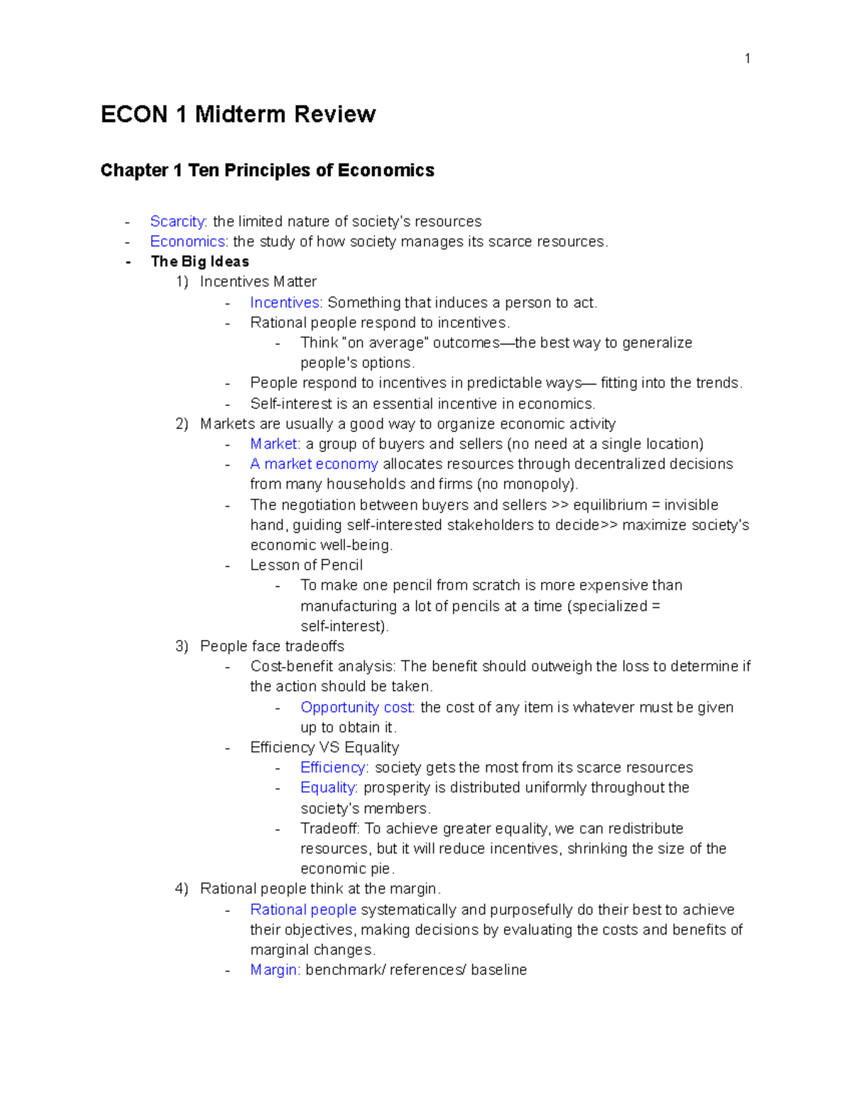 ECON 1 Midterm Review - ECON 1 Midterm Review Chapter 1 Ten Principles of Economics Scarcity ...