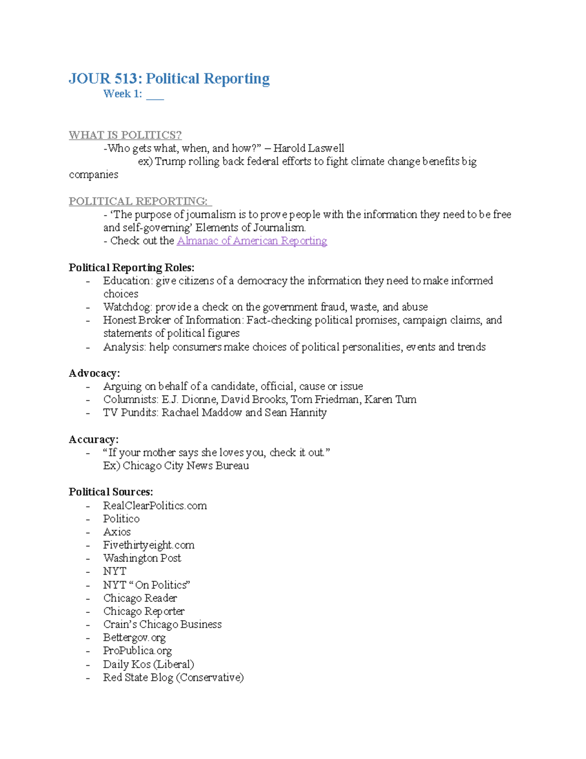 Week 1-What is Politics - JOUR 513: Political Reporting Week 1: WHAT IS ...