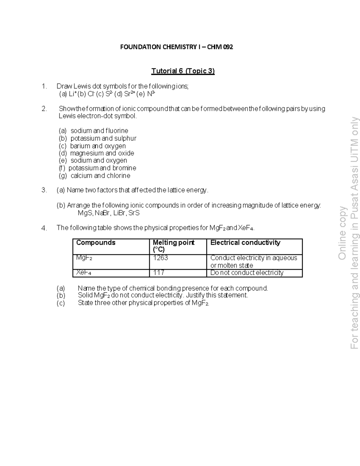 Tutorial 6 9 Topic 3 FOUNDATION CHEMISTRY I CH M 092 Tutorial 6