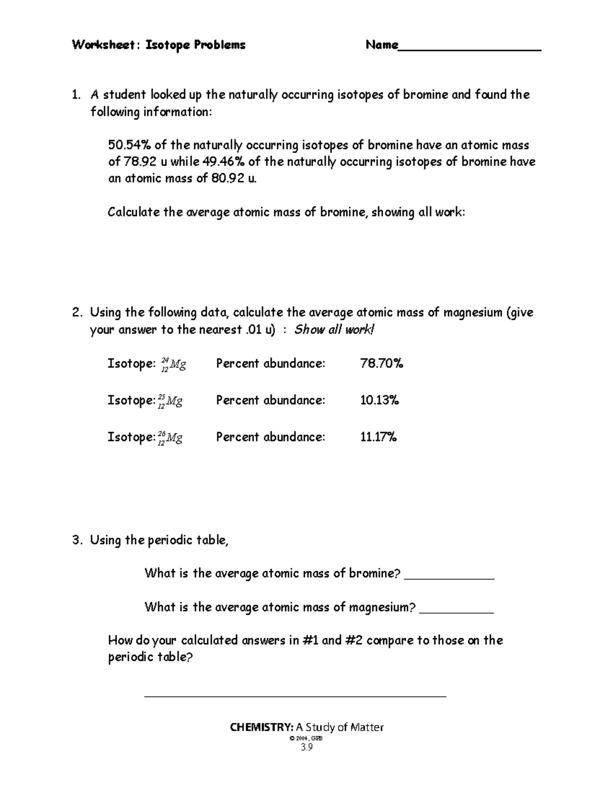 Isotopes - Grade 9 - Worksheet: Isotope Problems Name ...