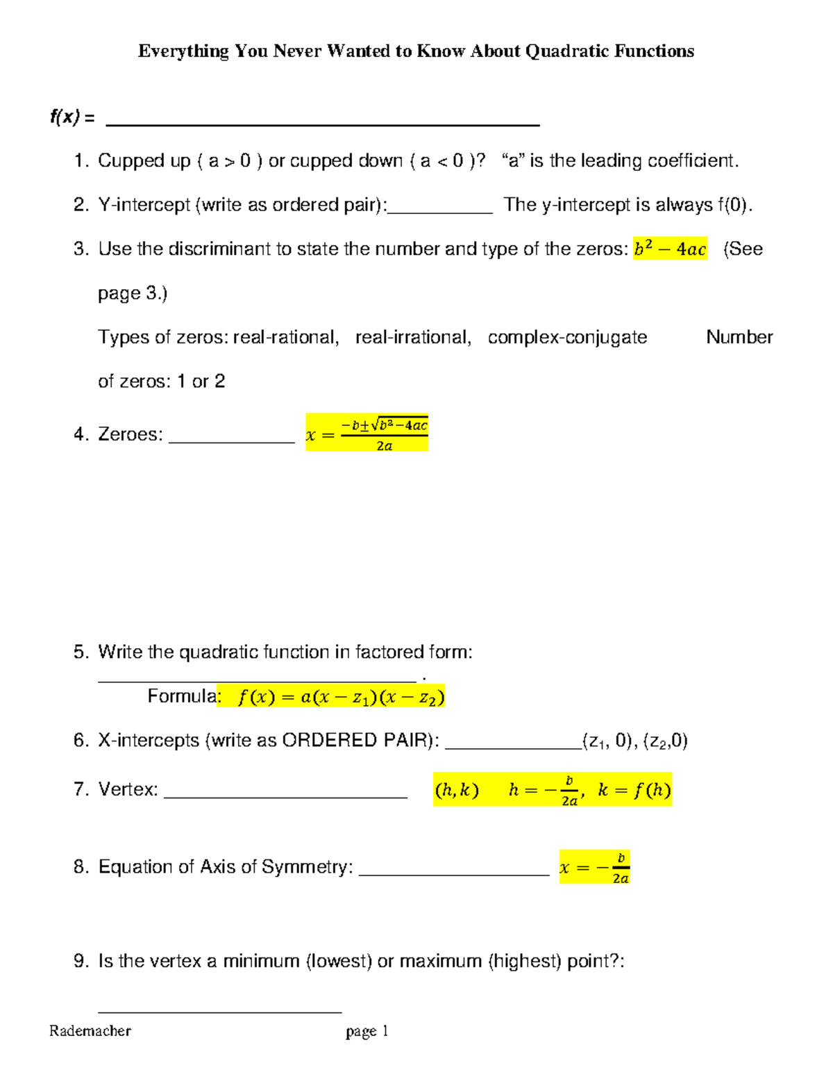 Quadratic Worksheet-1 - MAT-144 - GCU - Studocu