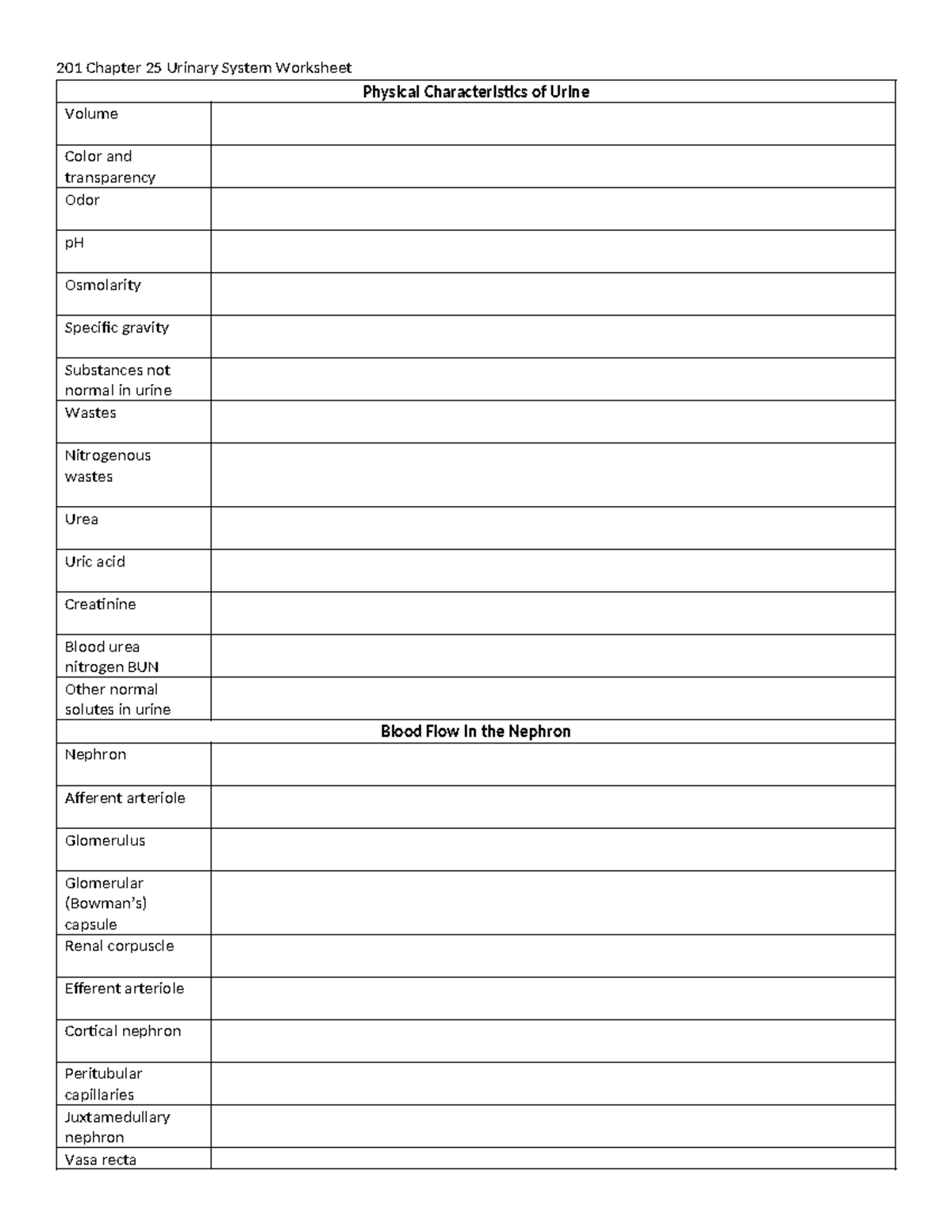 201 Chapter 25 Urinary System Worksheet - 201 Chapter 25 Urinary System ...