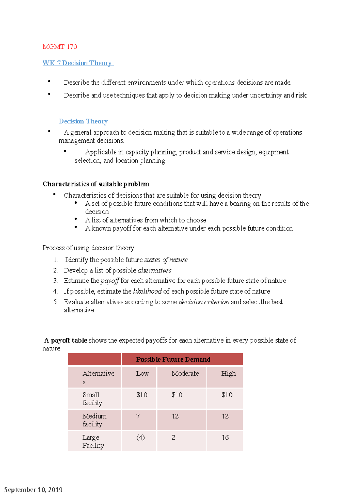 MGMT 170 Term 2 - Term 2 notes - MGMT 170 WK 7 Decision Theory Describe ...