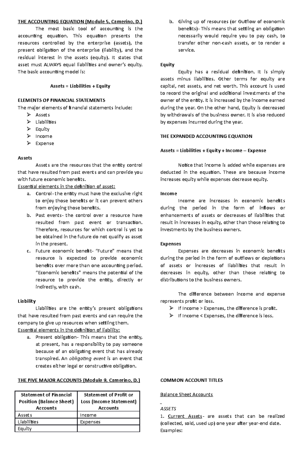1st Quarter Discussion (Module 5 The Accounting Equation) - THE ...