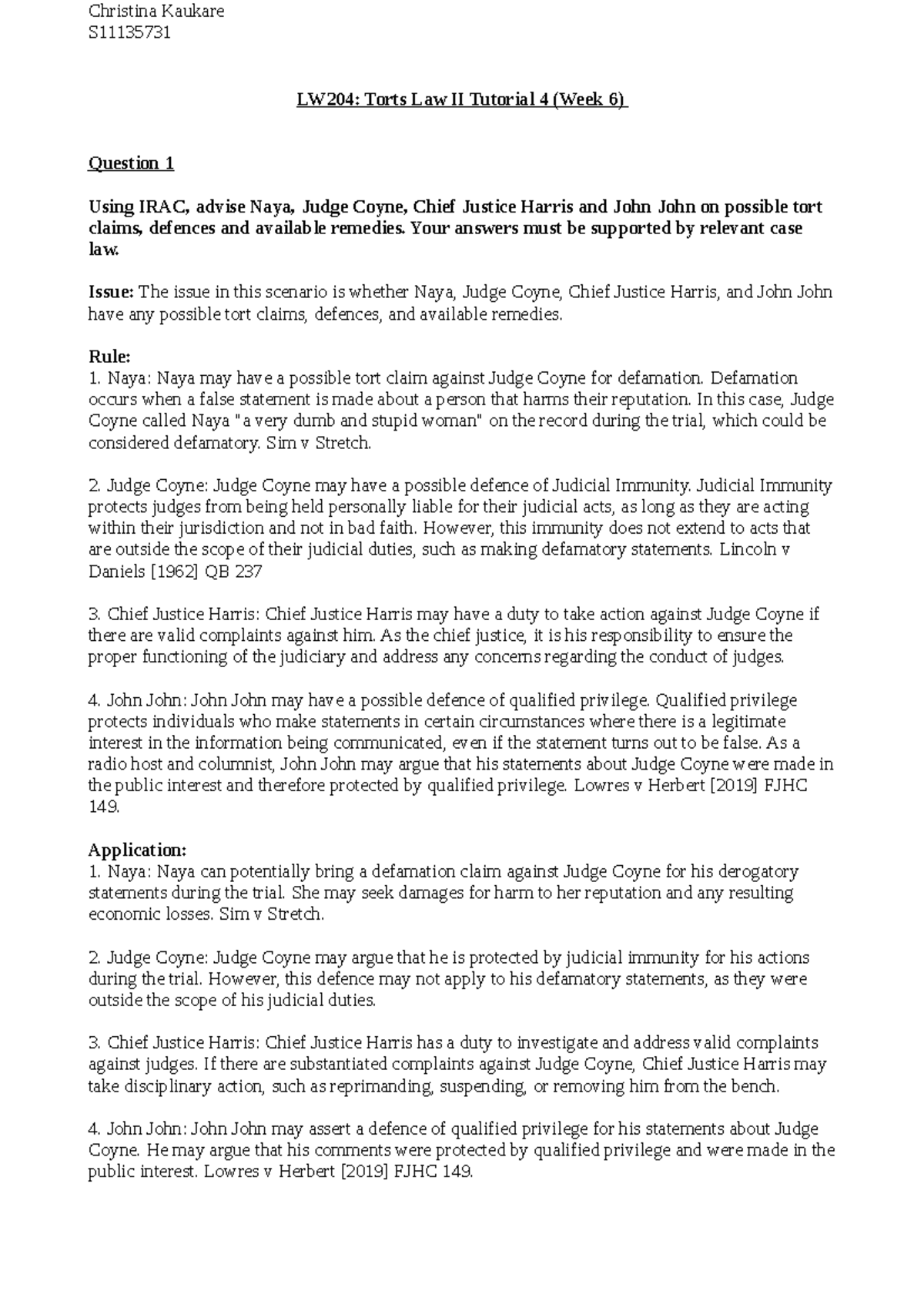 Tutorial 4 LW204 - Semester 2 2023 Emalus Campus F2F Mode. - Christina ...