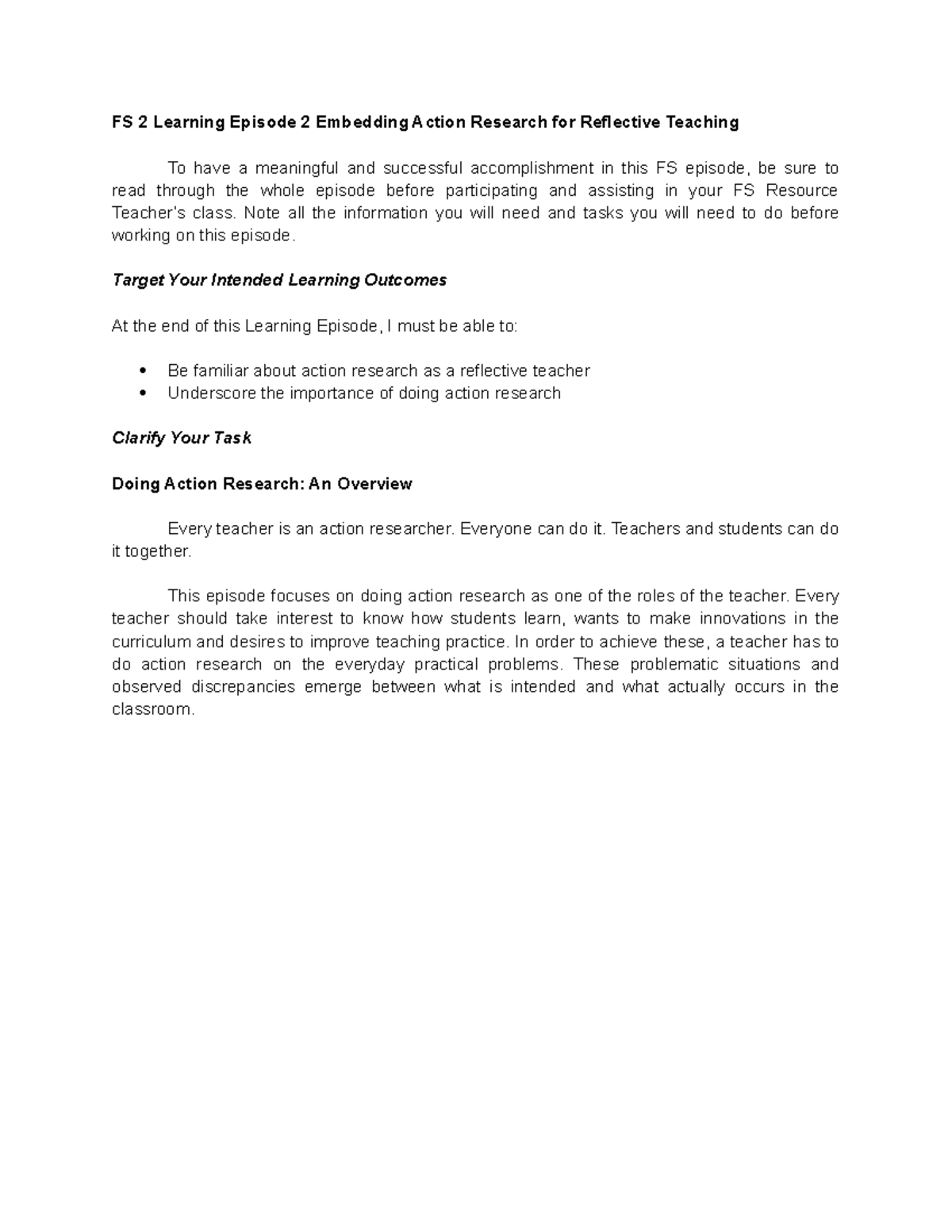 FS 2 Learning Episode 2 Embedding Action Research for Reflective Teaching - Note all the ...