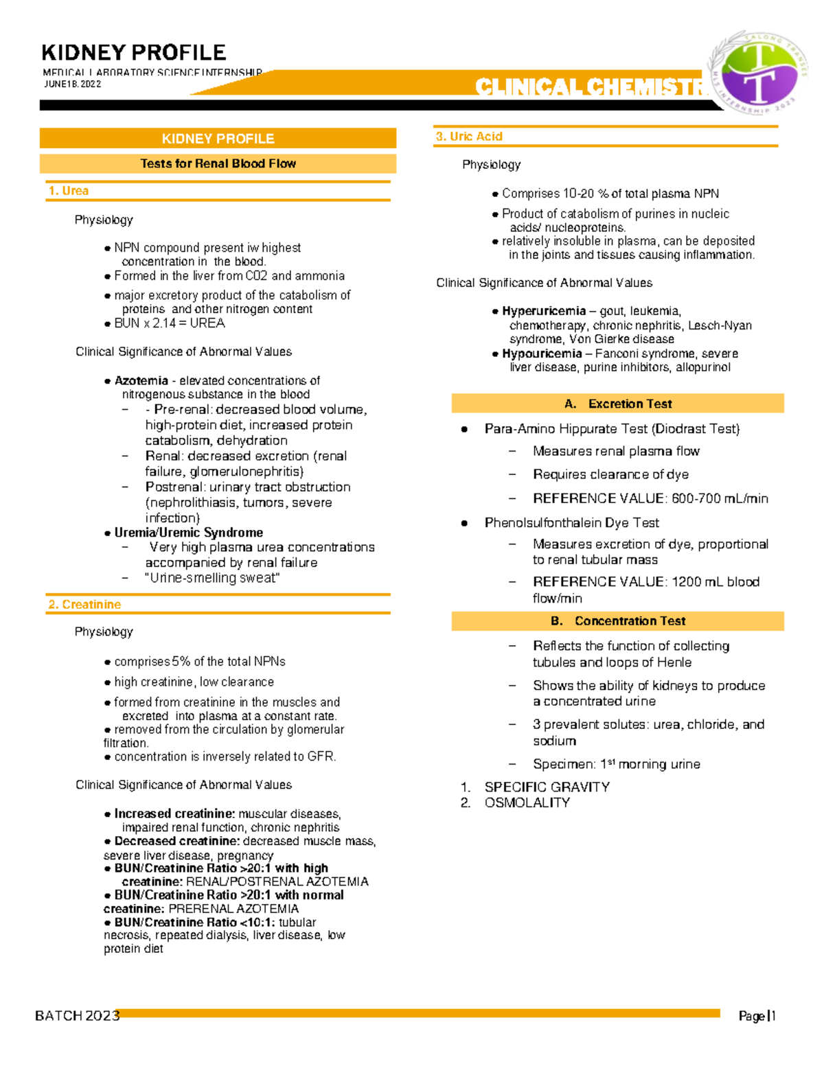 TT CC-Kidney-Profile-Toxicology - Page | 1 BATCH 2023 KIDNEY PROFILE ...