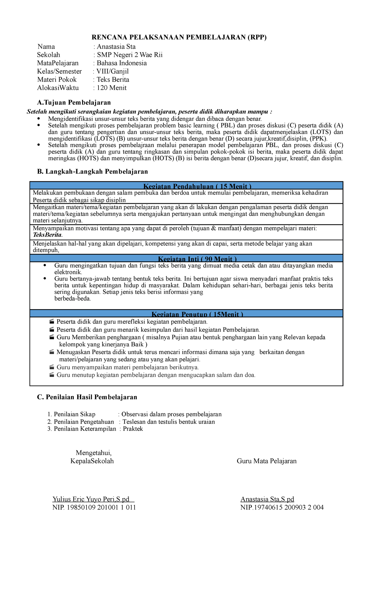 1 RPP 1 lembar Bhs. Indo kelas 8 sem - kherysuryawan RENCANA ...