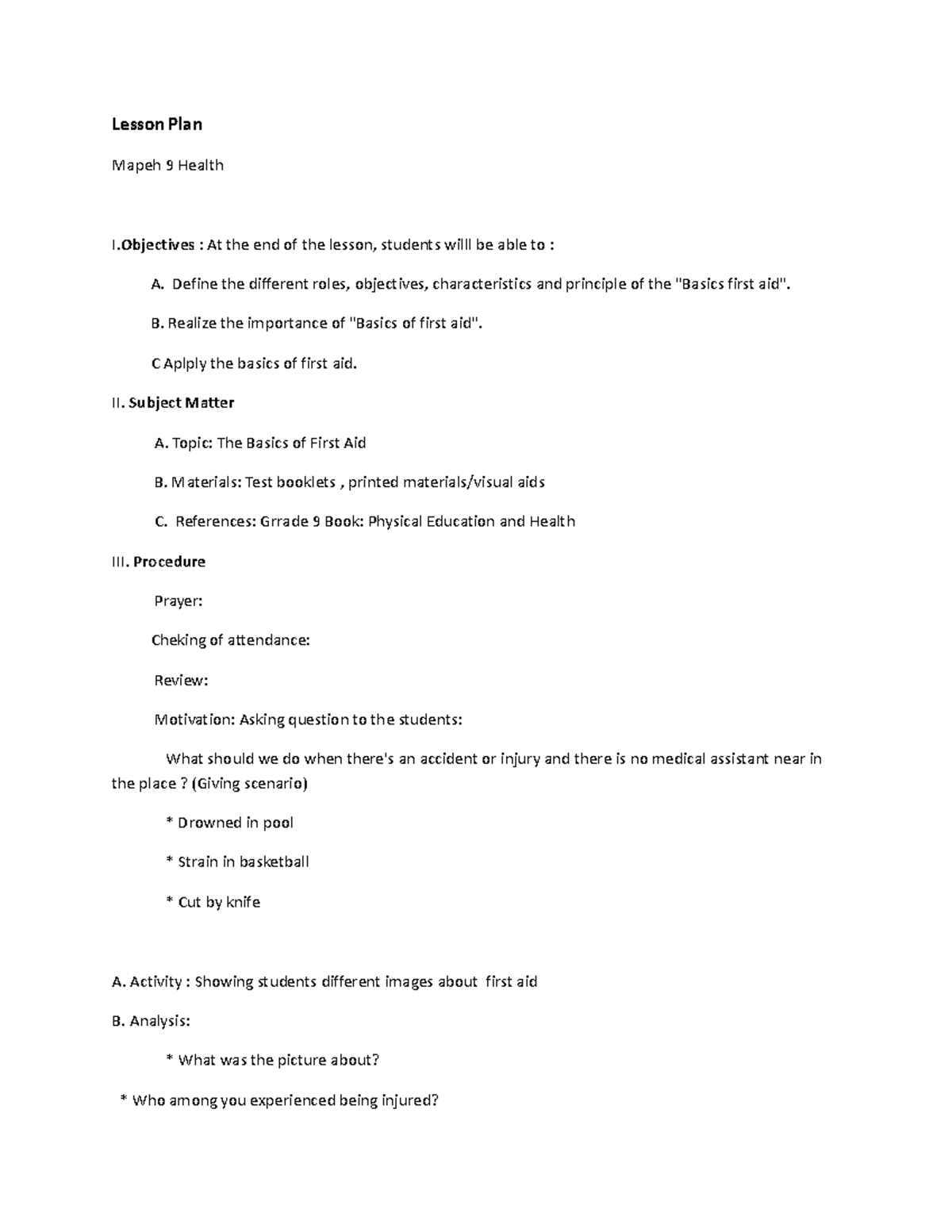 Lesson Plan in P.E Basic First Aid -WPS Office - Lesson Plan Mapeh 9 ...