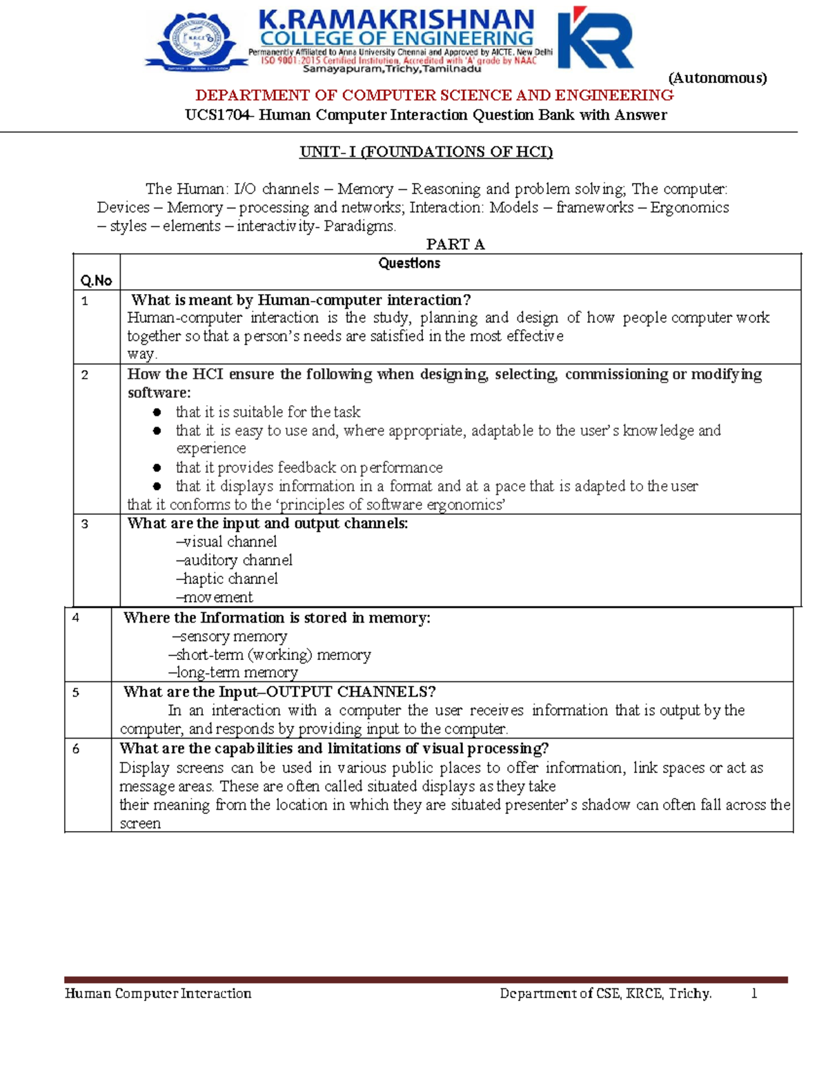 HCI QB WITH Answers - (Autonomous) DEPARTMENT OF COMPUTER SCIENCE AND ENGINEERING UCS1704- Human ...