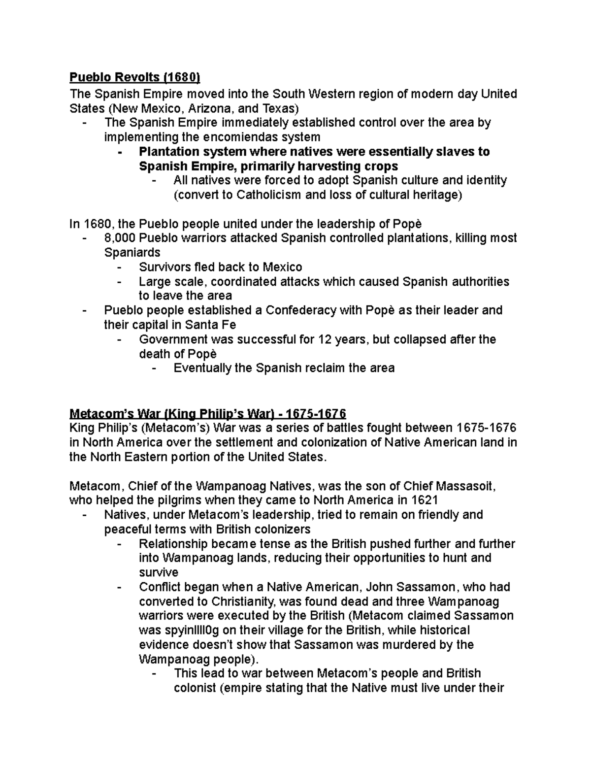 Unit 4 notes - Revolts in other countries - Pueblo Revolts (1680) The ...