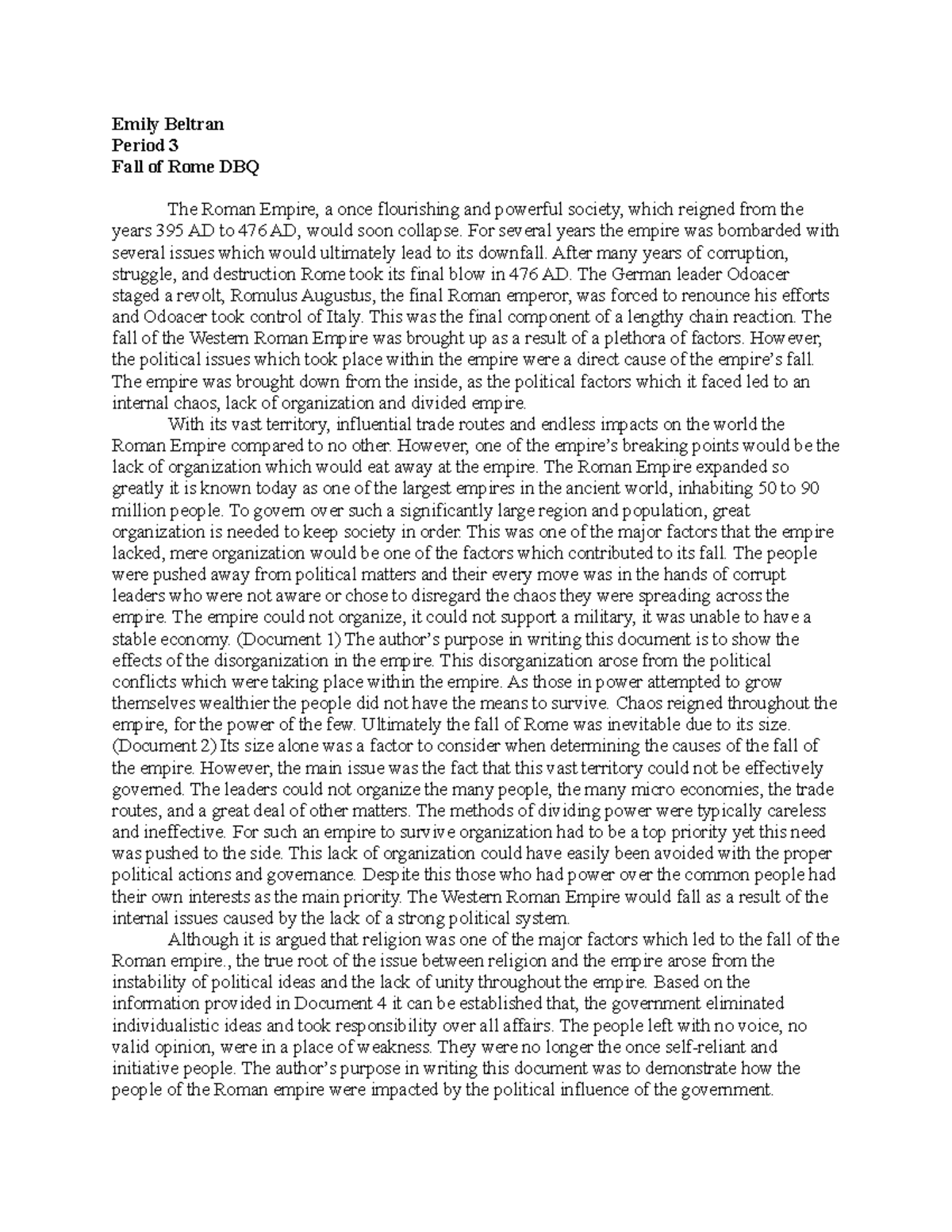 Fall of Rome DBQ - DBQ final draft - Emily Beltran Period 3 Fall of ...