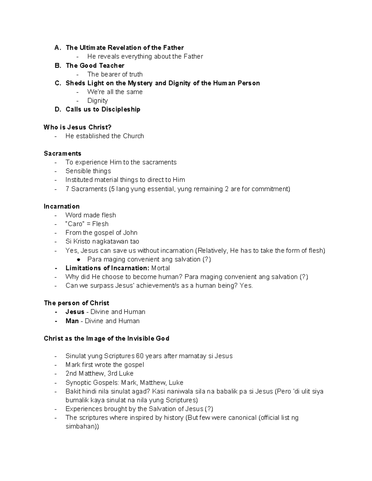 THEOLOGY 1 Lecture Notes - A. The Ultimate Revelation of the Father ...