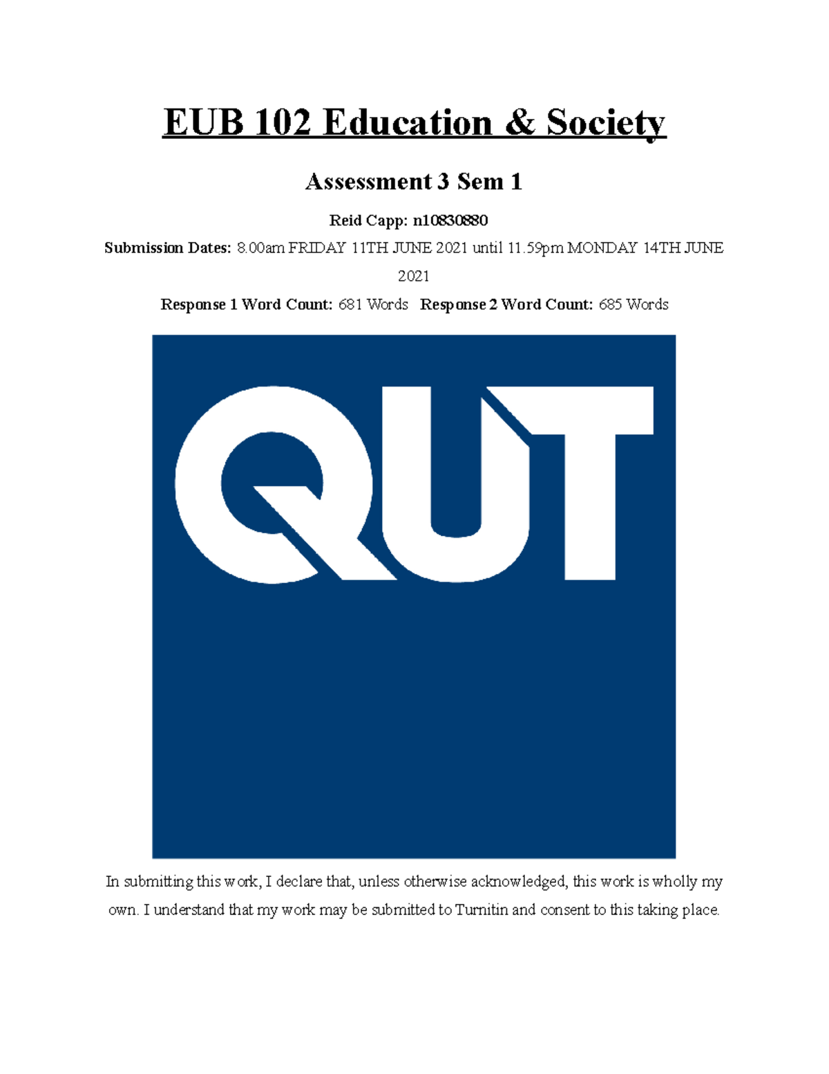 EUB 102 assessment 3 - EUB 102 Education & Society Assessment 3 Sem 1 ...