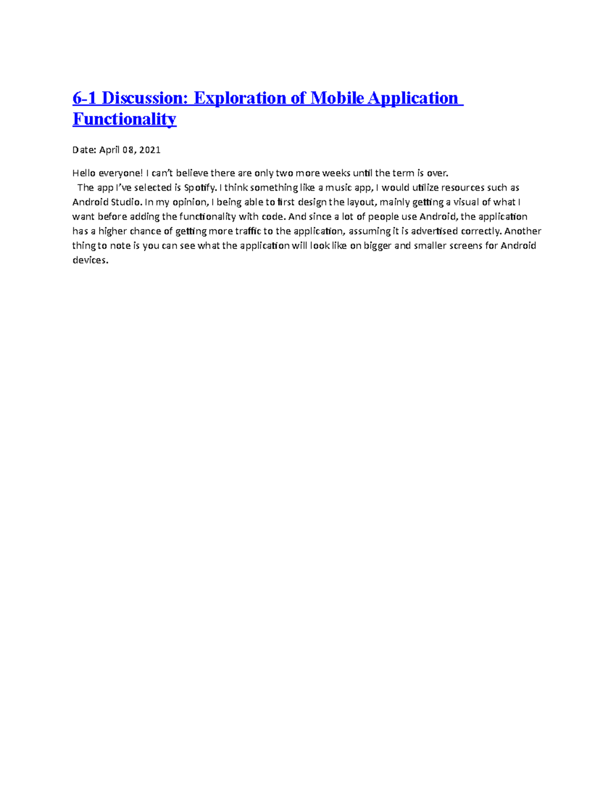6-1 Discussion Exploration of Mobile Application Functionality - 6-1 ...