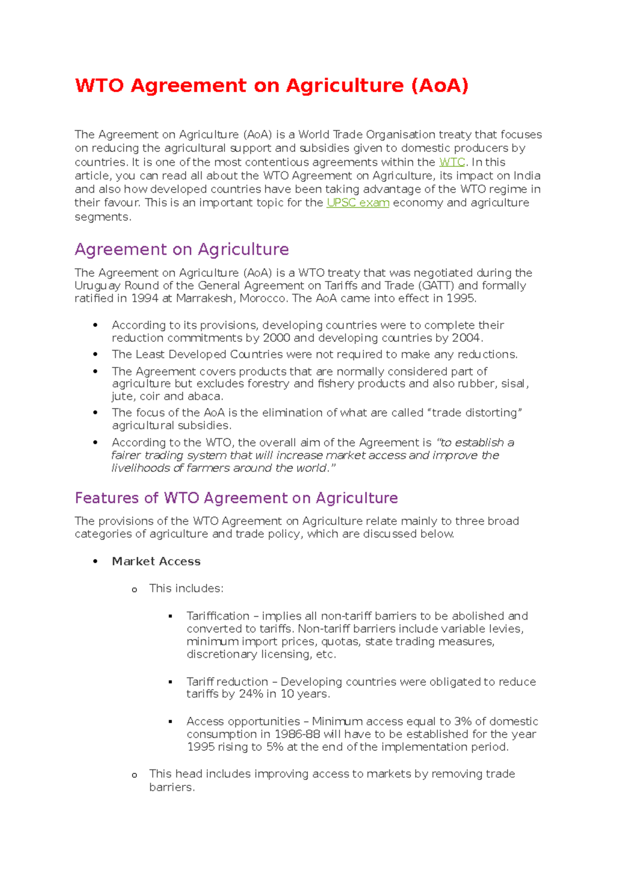 WTO Agreement on Agriculture - It is one of the most contentious ...