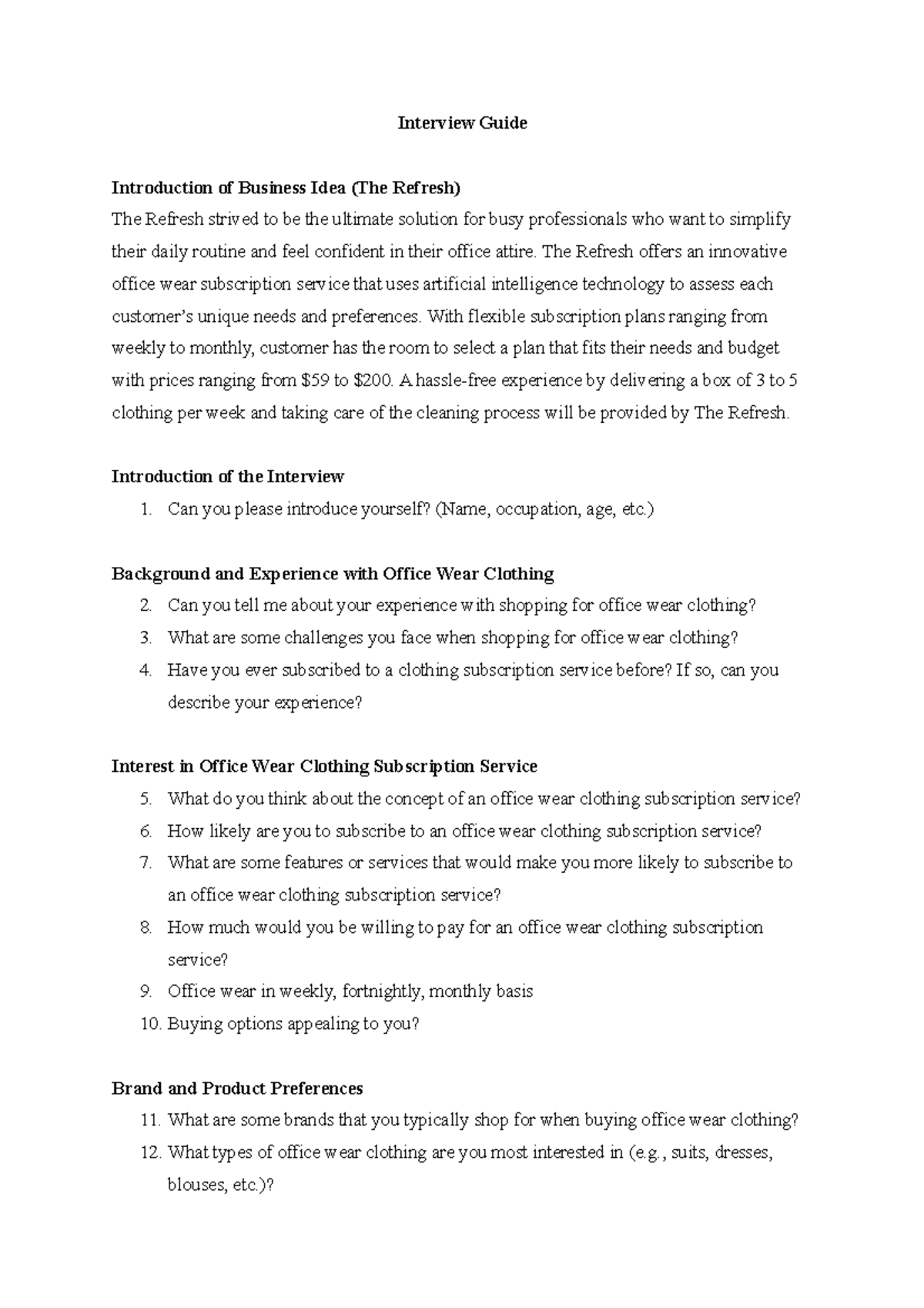 Interview Guide - Interview Guide Introduction of Business Idea (The ...