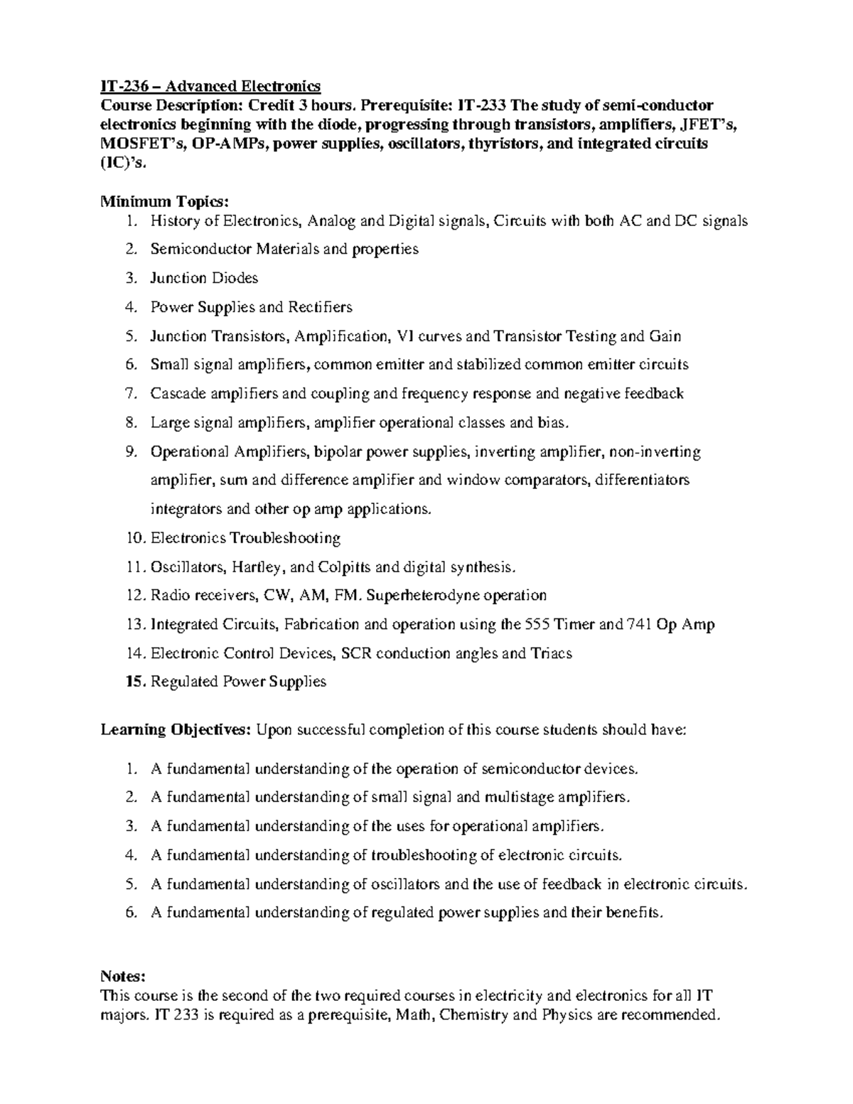 E.. Electronics Coures - IT-236 – Advanced Electronics Course ...