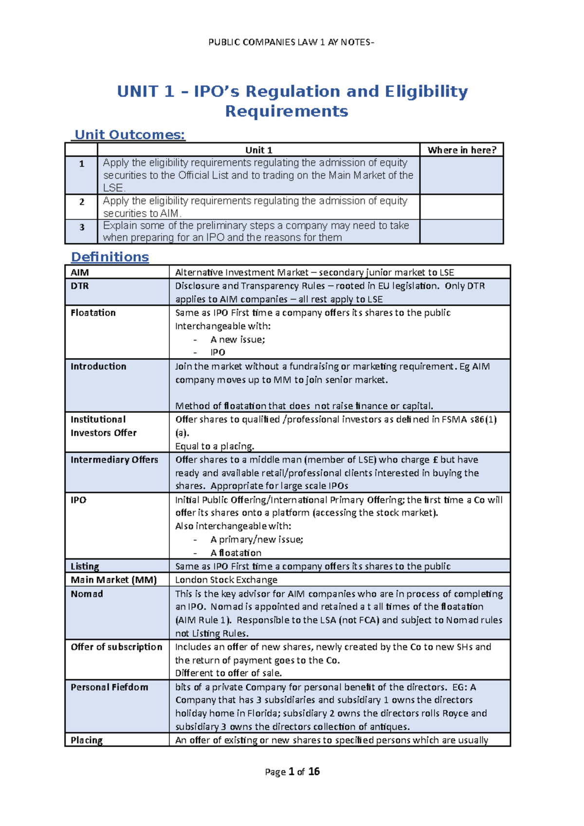 Unit 1 IPOS Regulation and Eligibility AY Notes - UNIT 1 – IPO’s ...