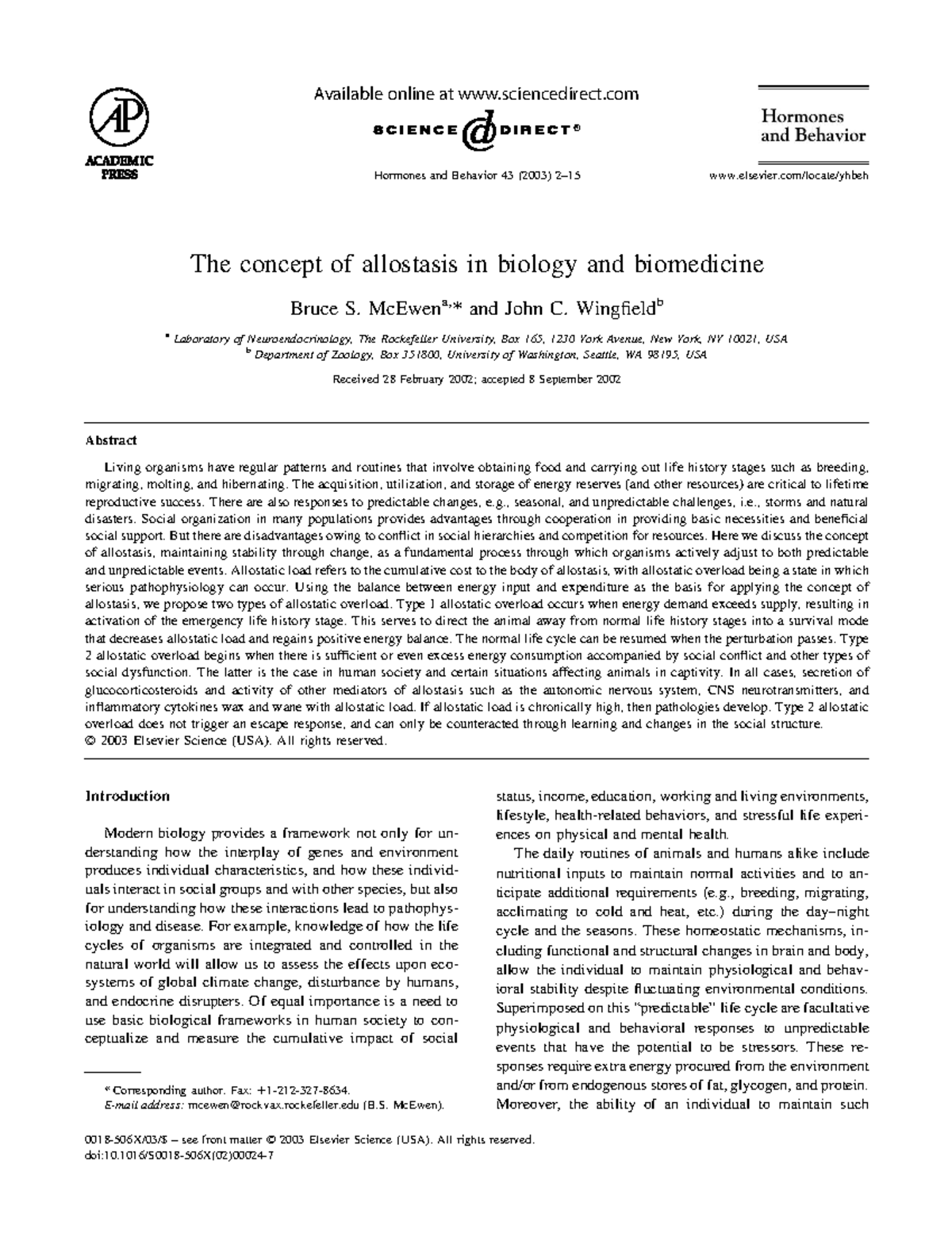 Mc Ewen & Wingfield 2003 - The concept of allostasis in biology and ...