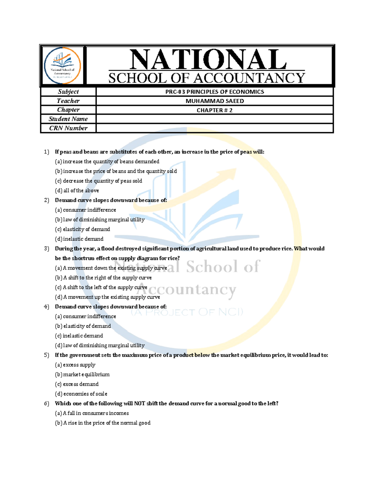 Chapter 2 eco test-1 - notes - Subject PRC-03 PRINCIPLES OF ECONOMICS ...